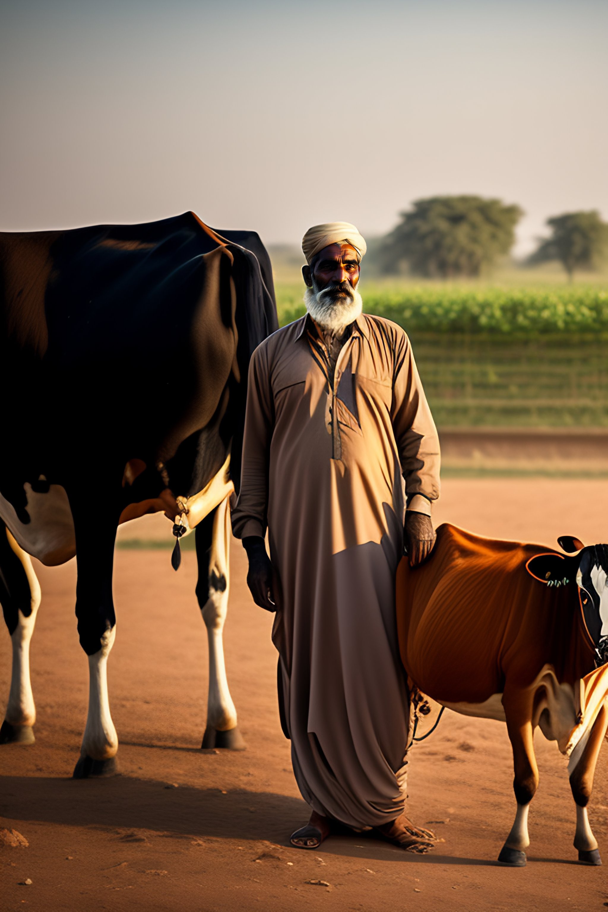 Lexica - Portrait of a Pakistani man in a farm milking a cow.
