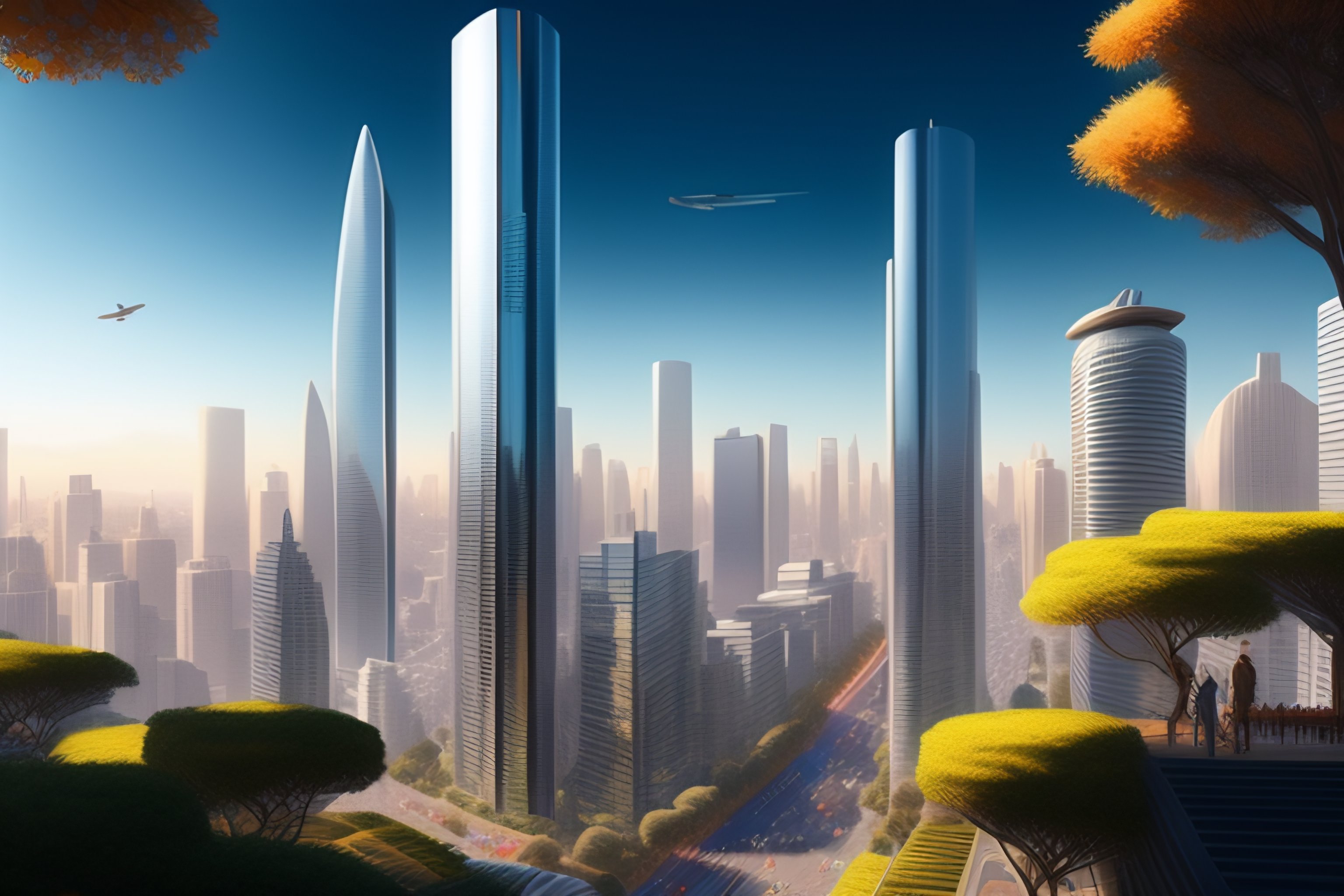 Lexica - San francisco in 2050 with sky scraperes, lots of trees and happy people mingling ...