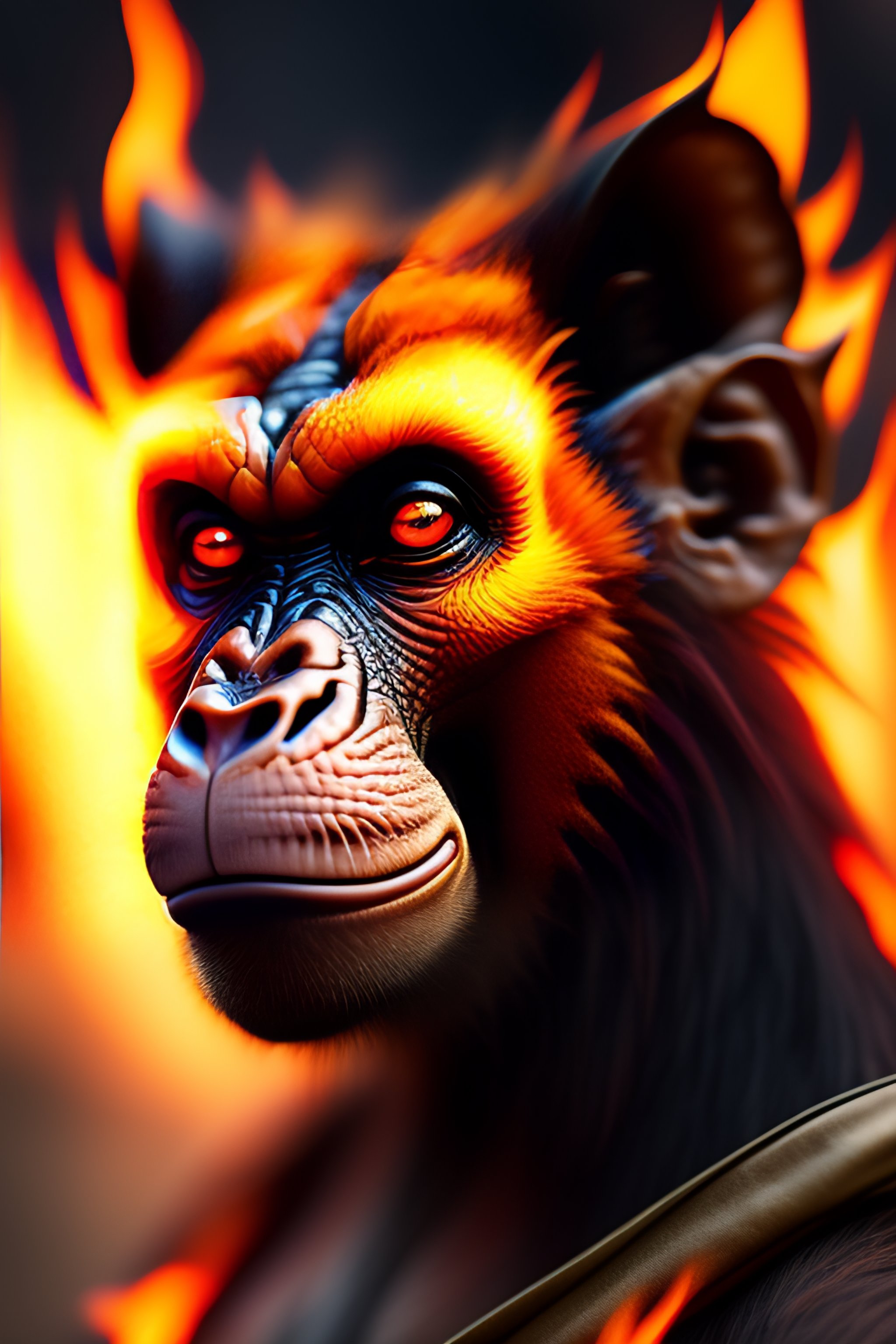 Lexica - Close up portrait of a hybrid anthropomorph fire demon monkey