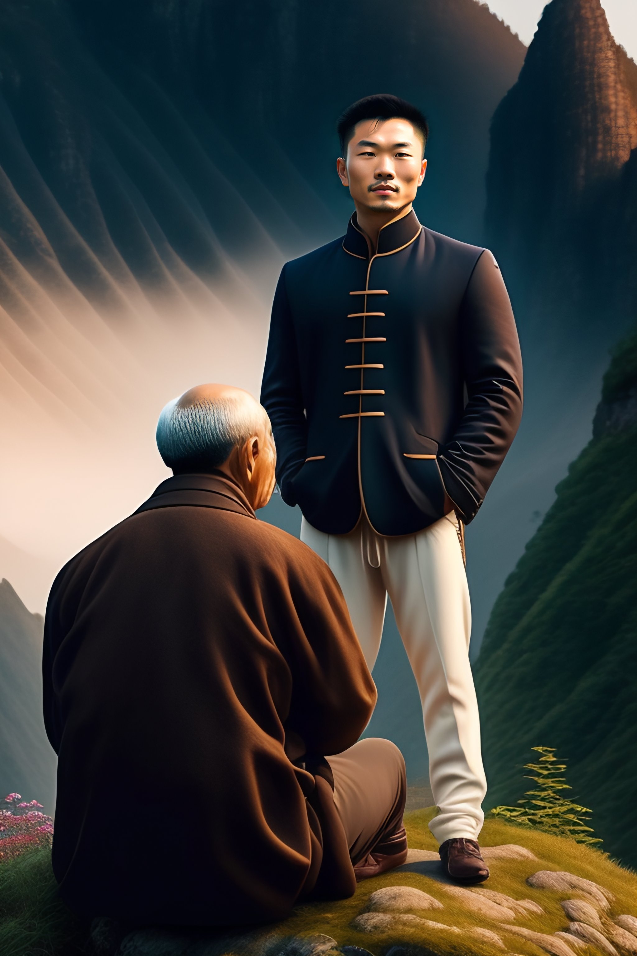 Lexica - Portrait of a young man kneeling in front of an old zen master ...