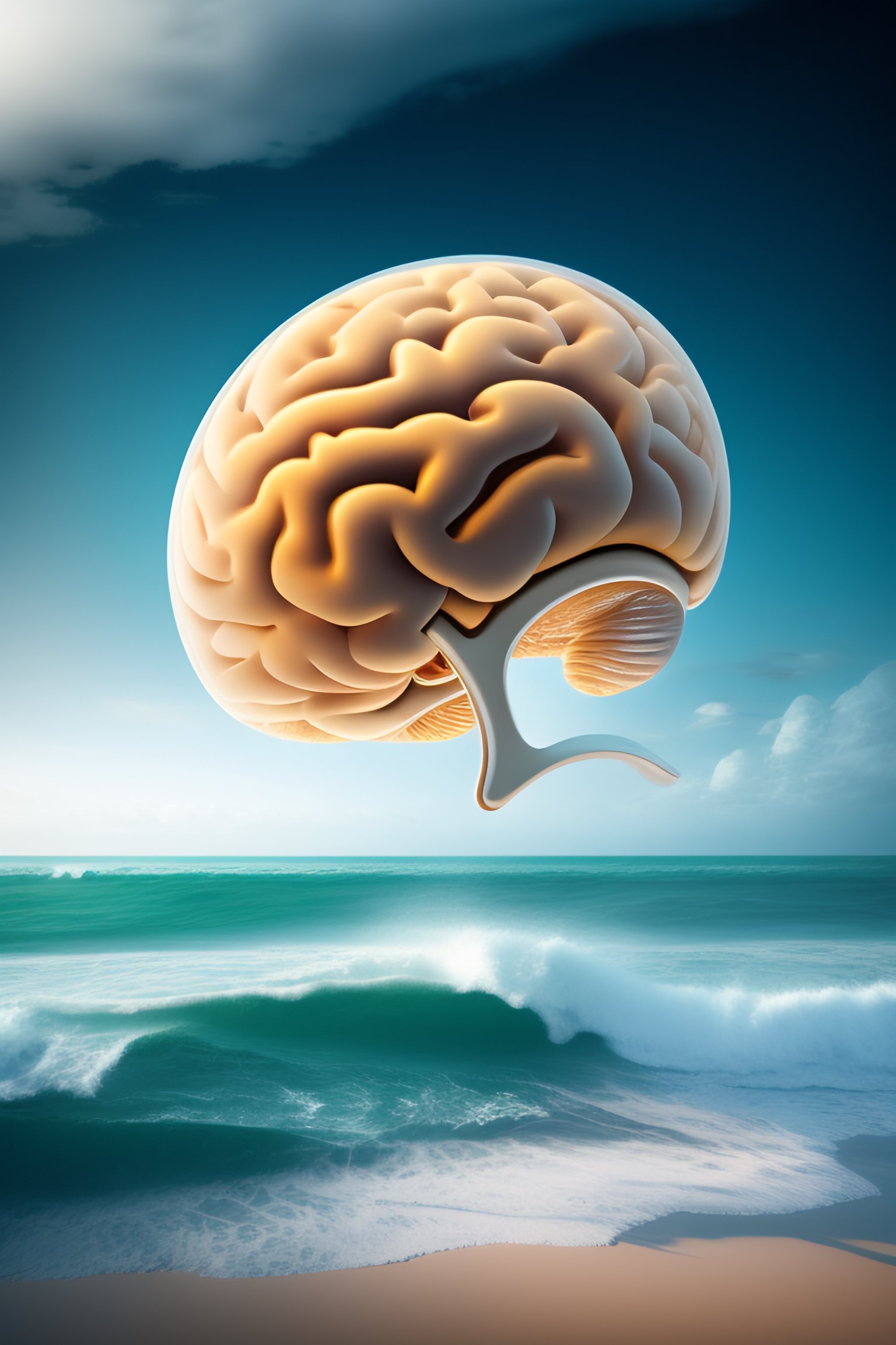 Lexica - A realistic human brain suspended in the sky above a stormy ...