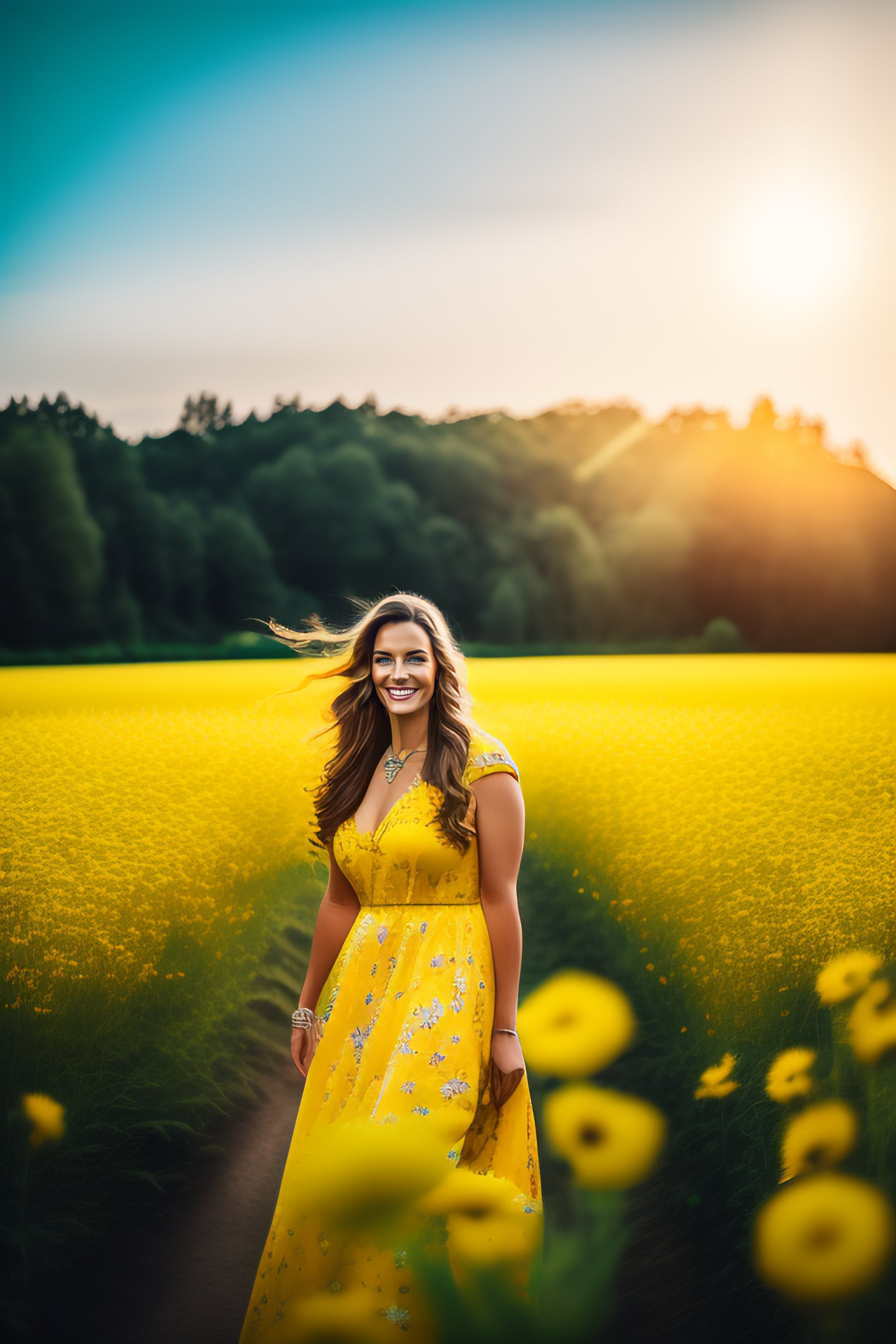 Lexica - German woman in a yellow dress on field of flowers, blue sky ...
