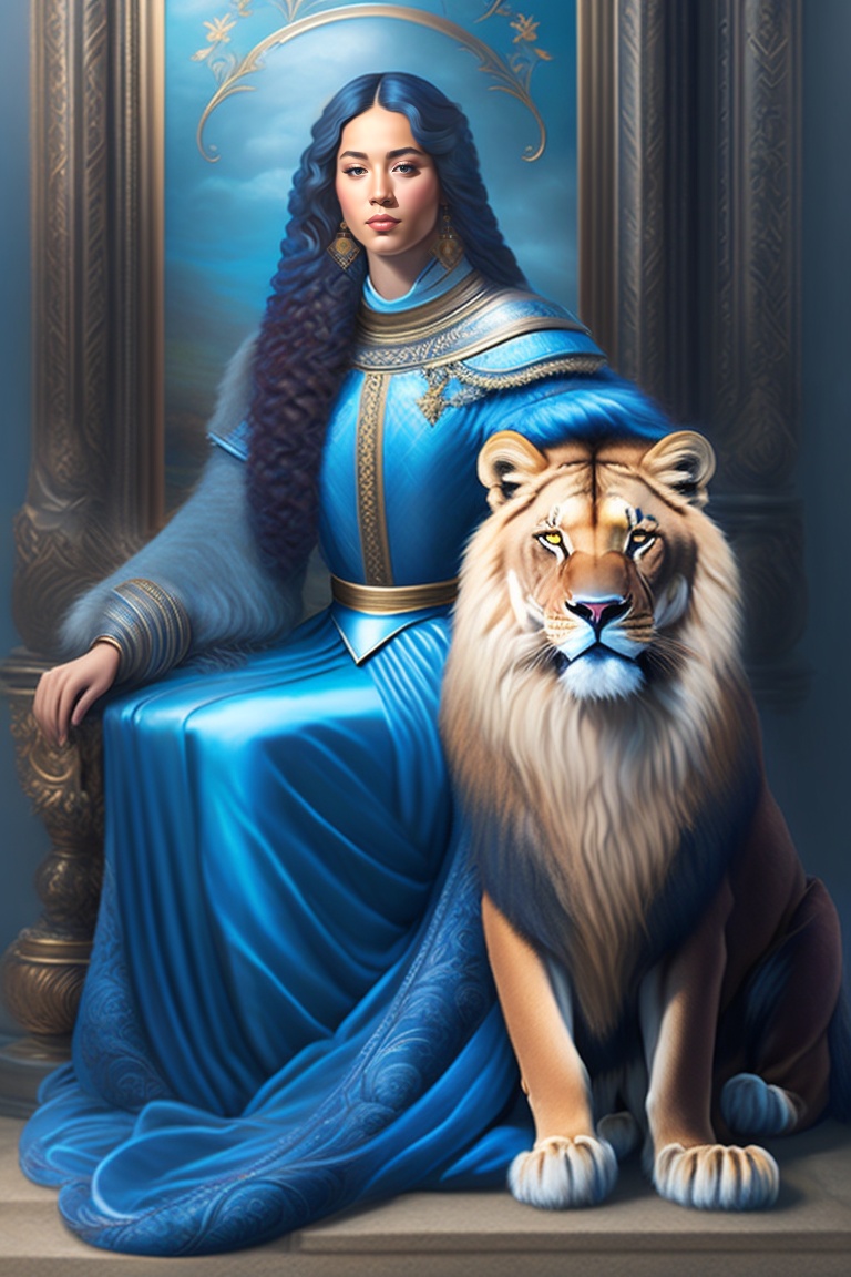 Lexica - Blue, strength tarot, female with a lion sitting beside her