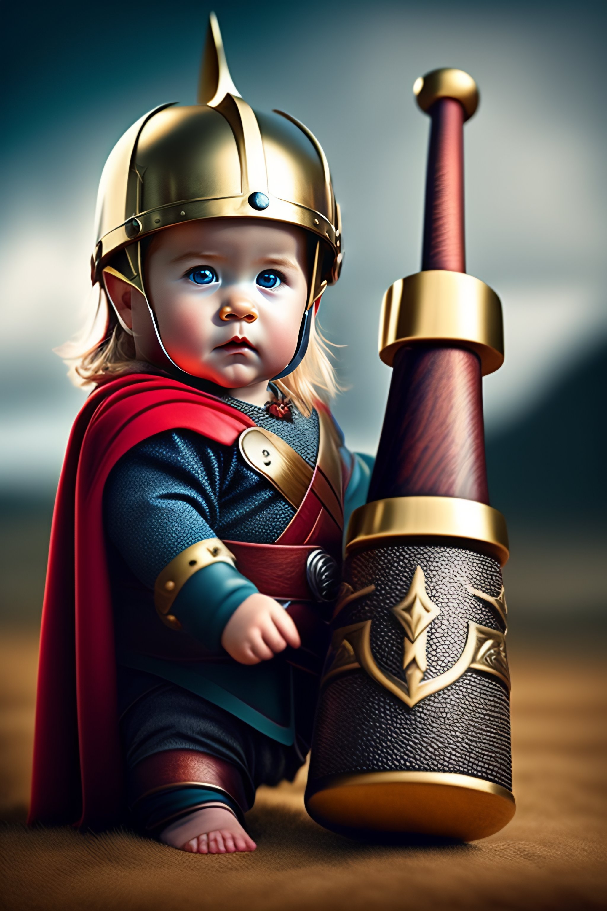 Lexica - Baby Thor, with traditional Viking helmet, holding his hammer ...