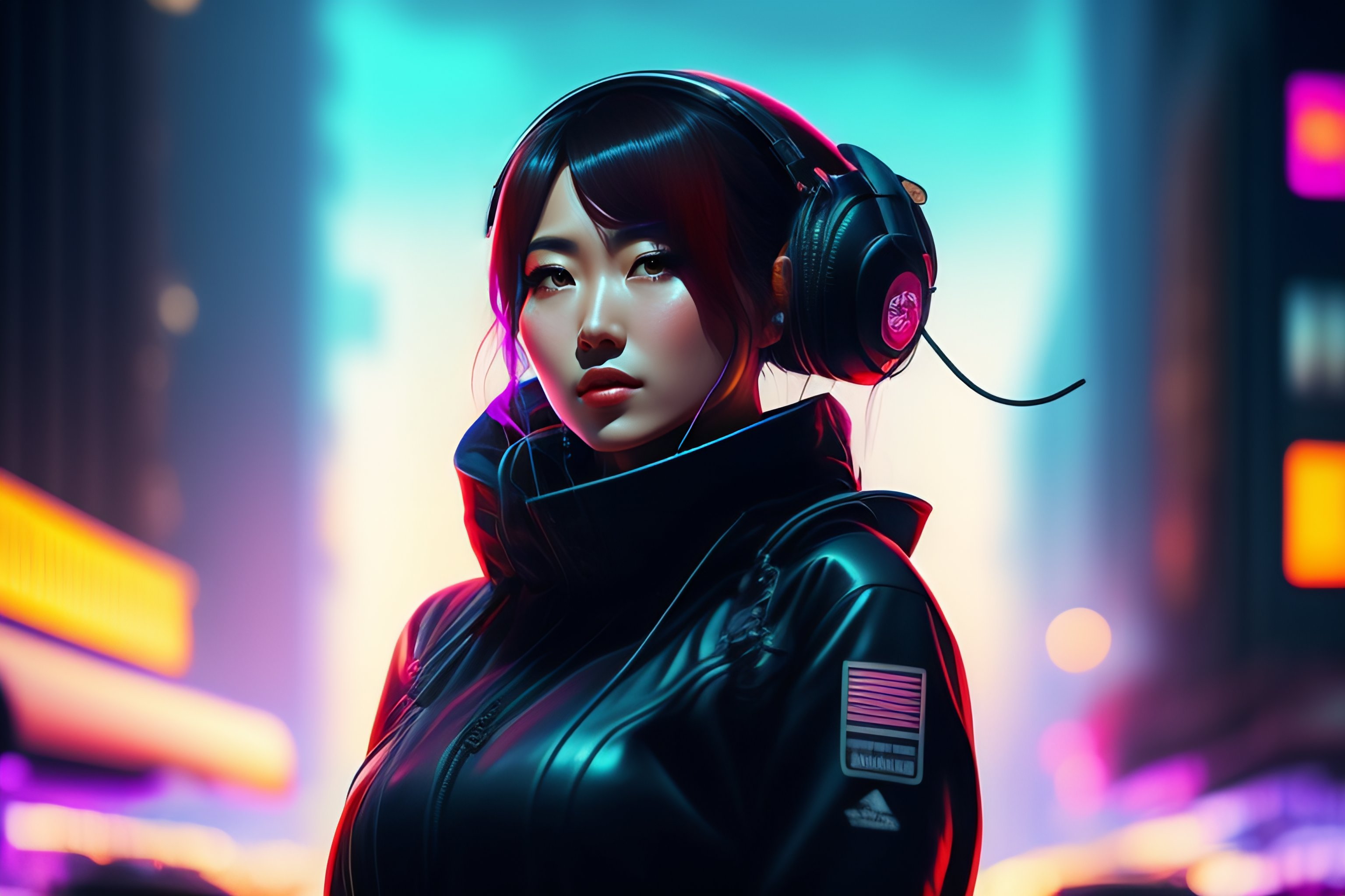 Lexica - Anime woman listen techno music in a dystopic city in the night