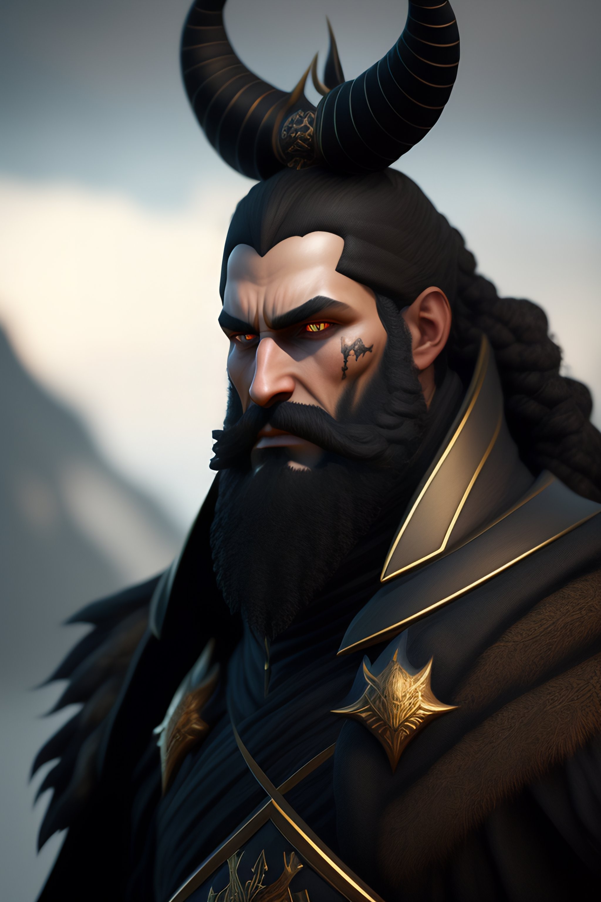 Lexica - Vengeful god, full black eyes, spiral horns, thick black beard ...