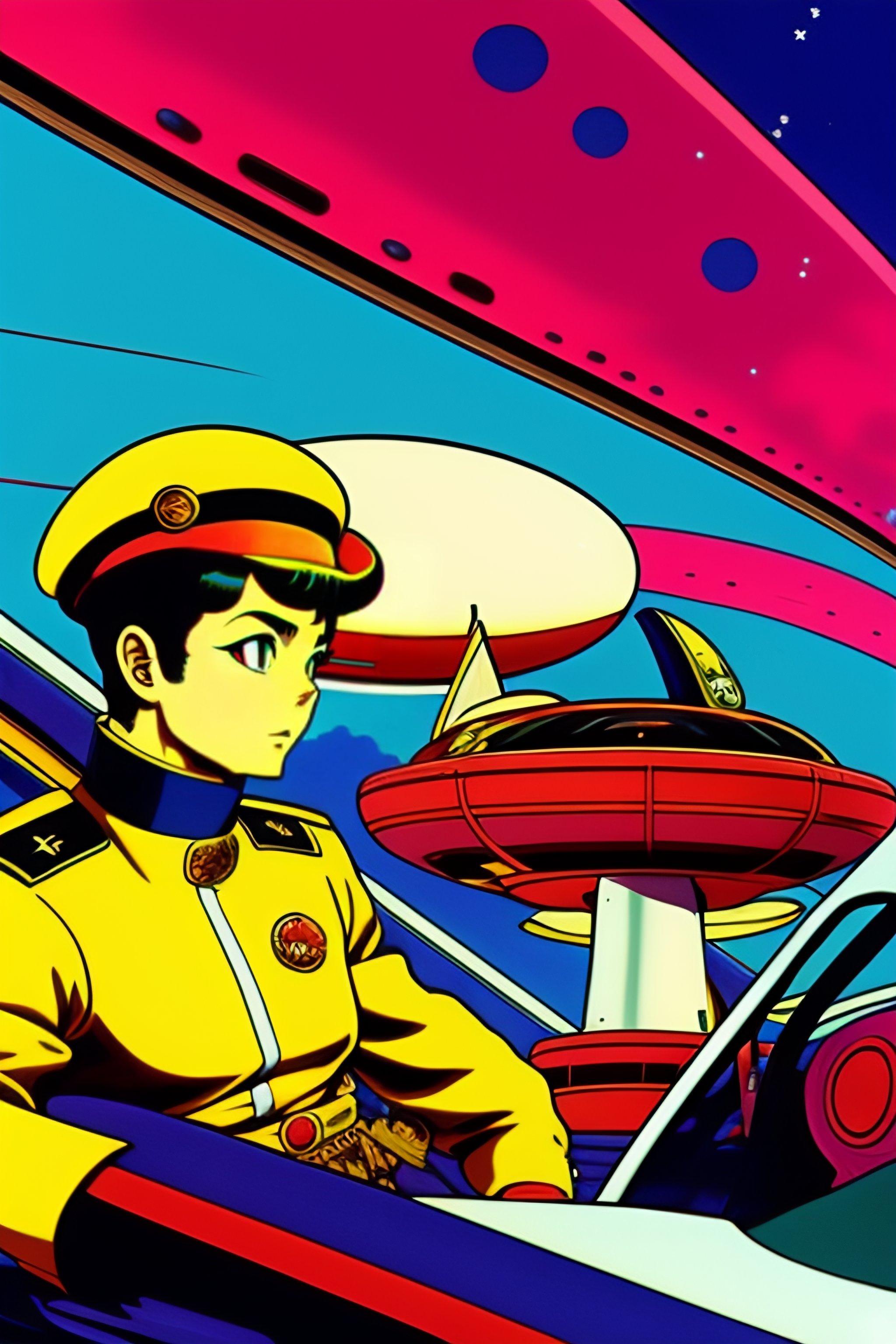 Lexica - Vintage 60's anime style. cluttered starship interior; captain ...