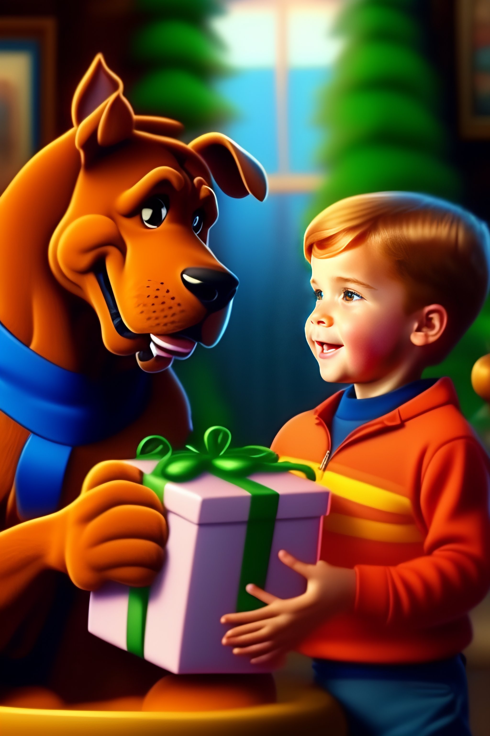 Lexica - Scooby doo opening a present, with child, realistic, cinematic
