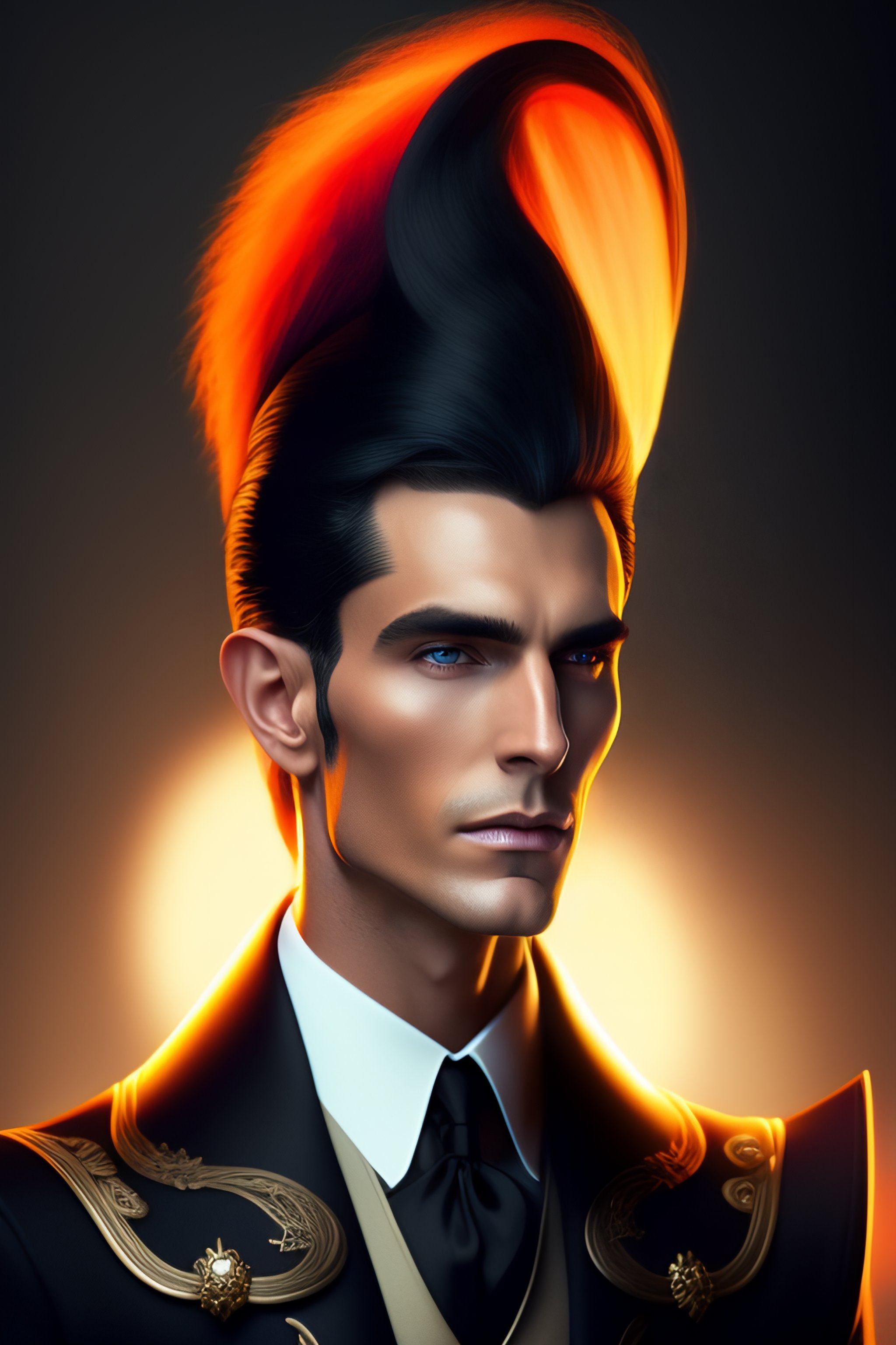 Lexica - A tall, fair-skinned elf with devil pomp hair, wearing an open ...