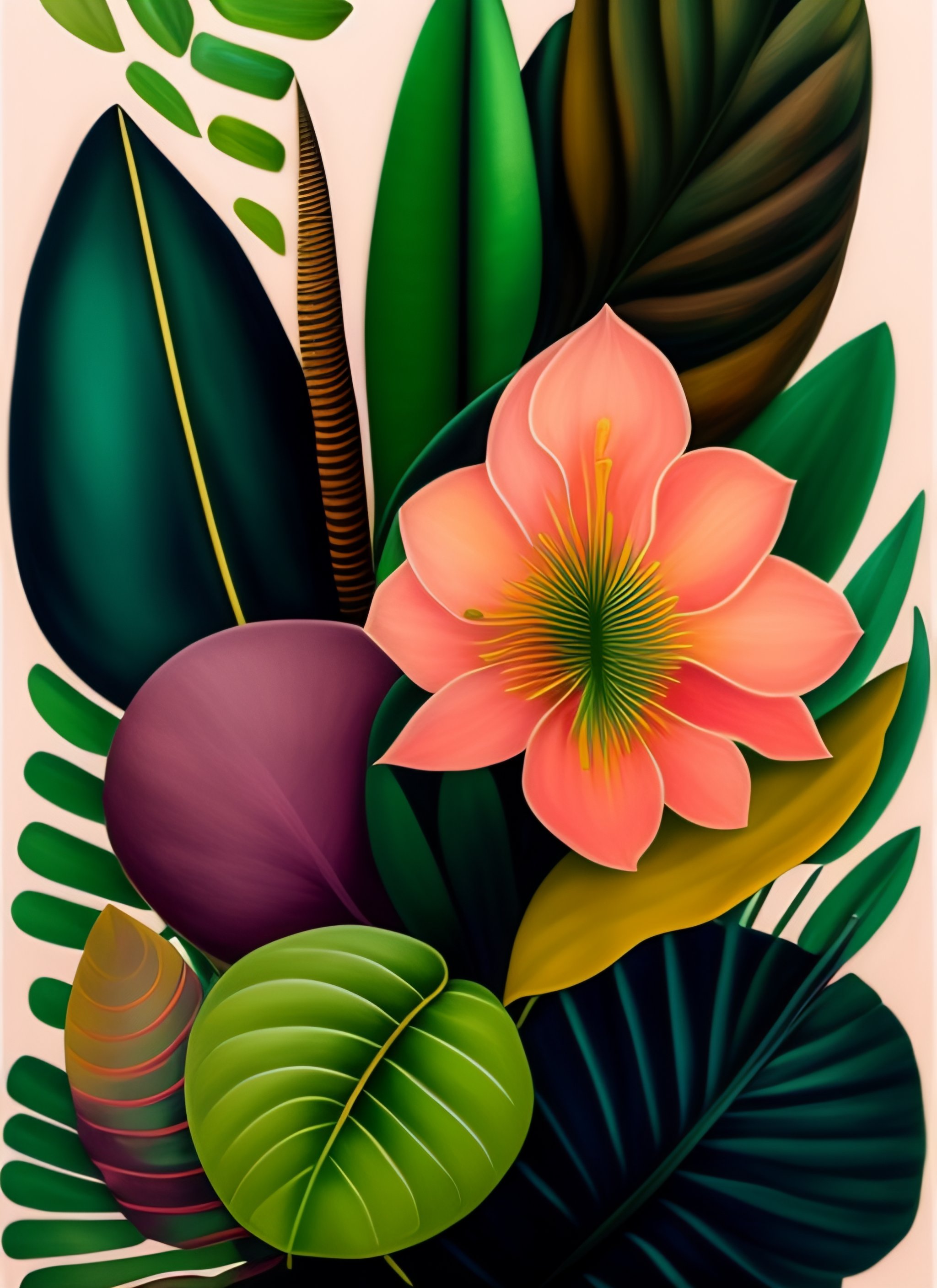 Lexica - Semi-abstract botanical painting, soft muted colors, palm ...