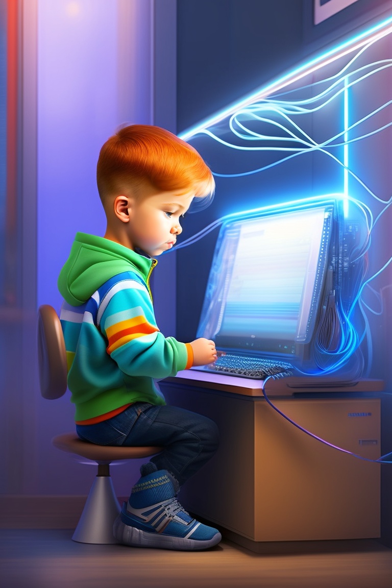 Lexica - Boy in a room, manipulating a computer, with various wires and ...