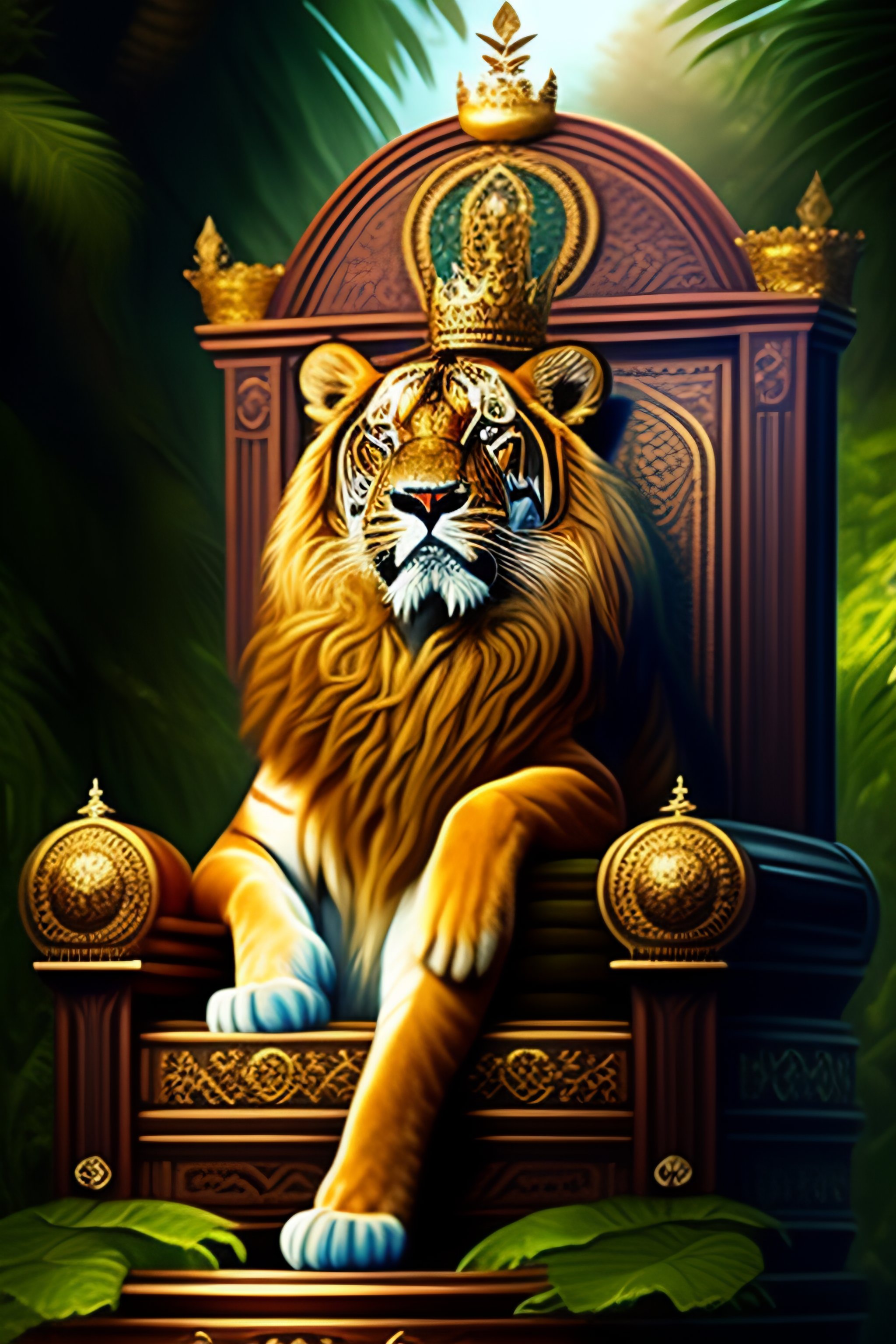Lexica - King Lion sitting on throne, with crown, in jungle, lions ...