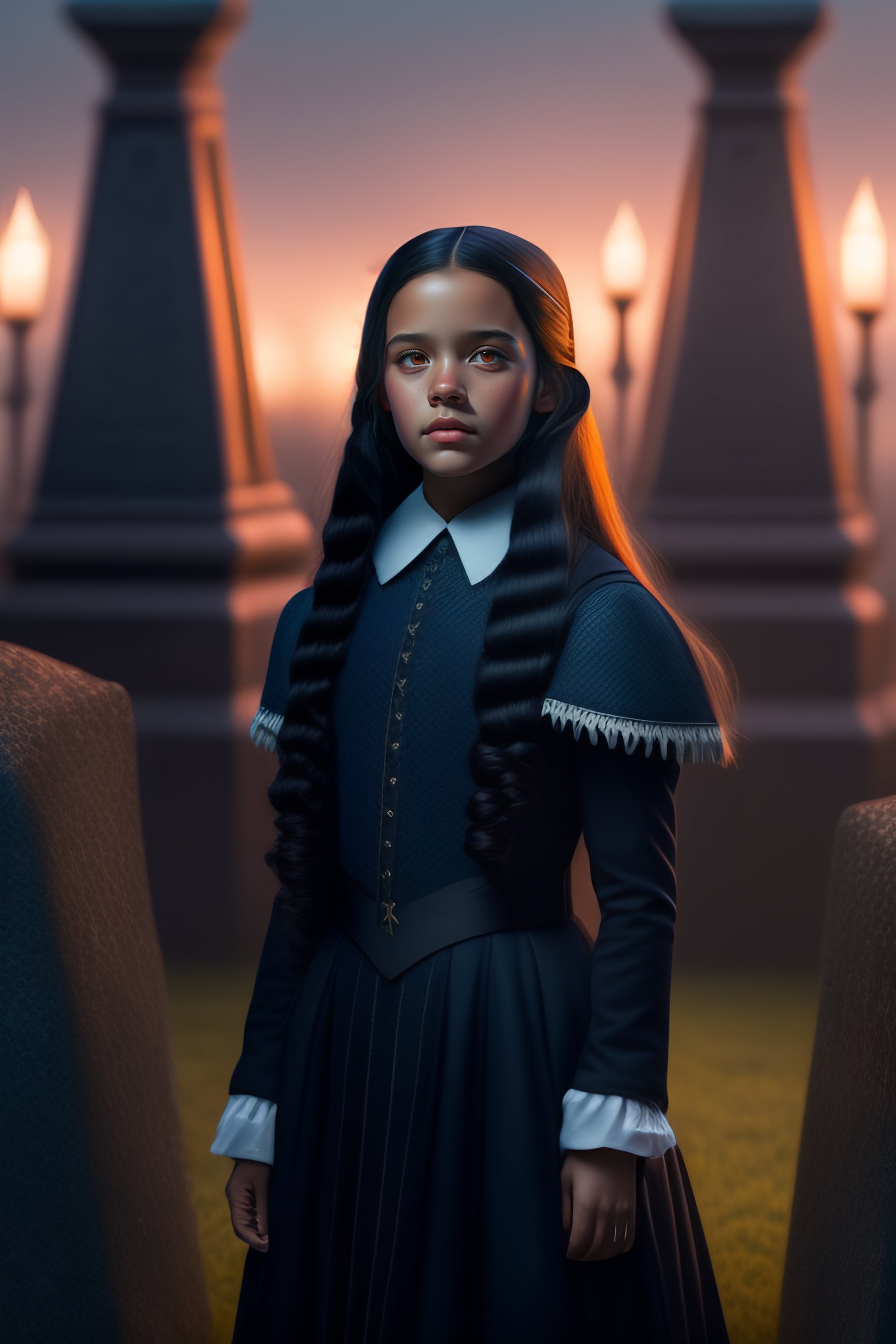 Lexica - Portrait of Jenna Ortega as Wednesday Addams standing in ...