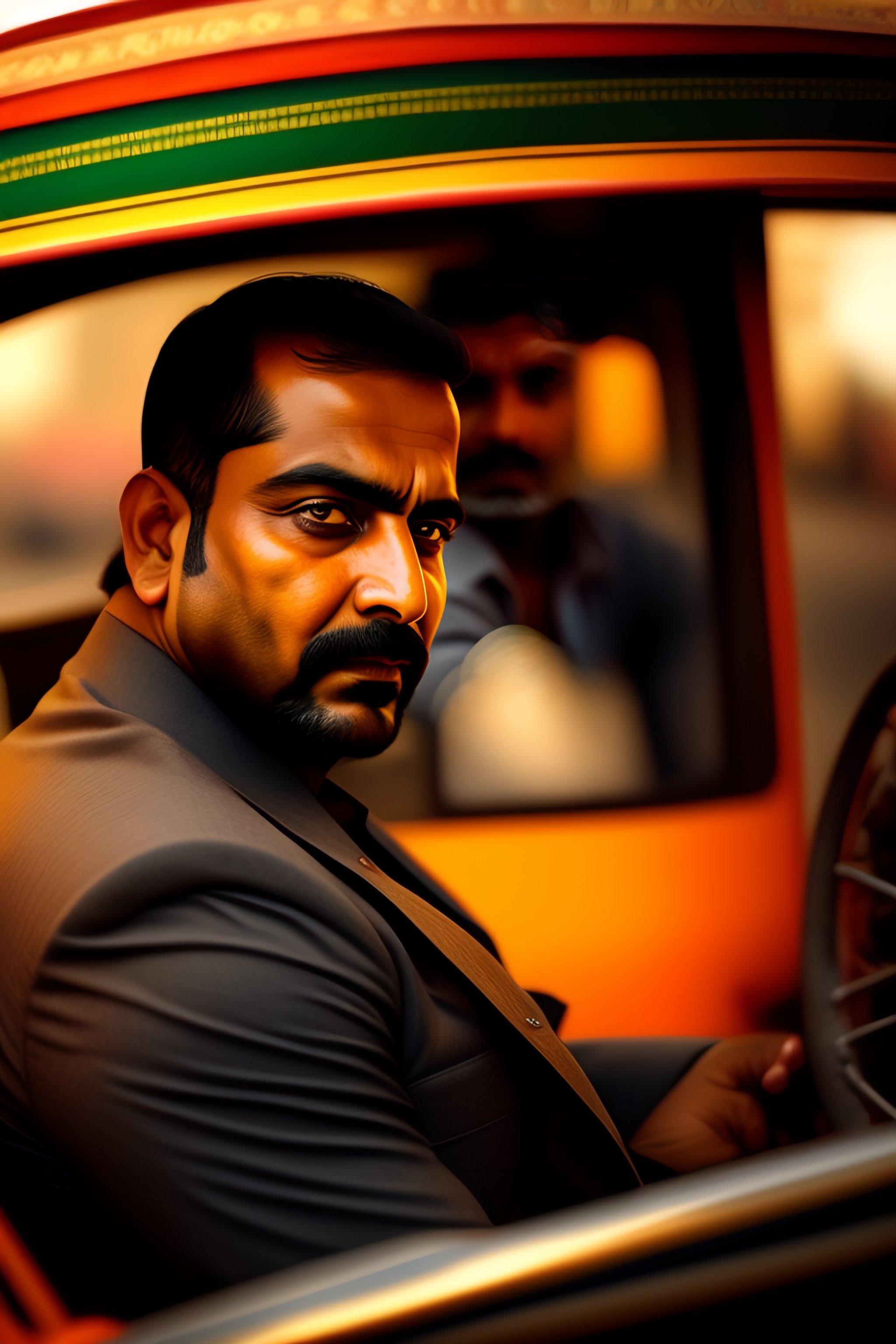 Lexica - The image shows a short, bald, stocky Pakistani man driving an ...