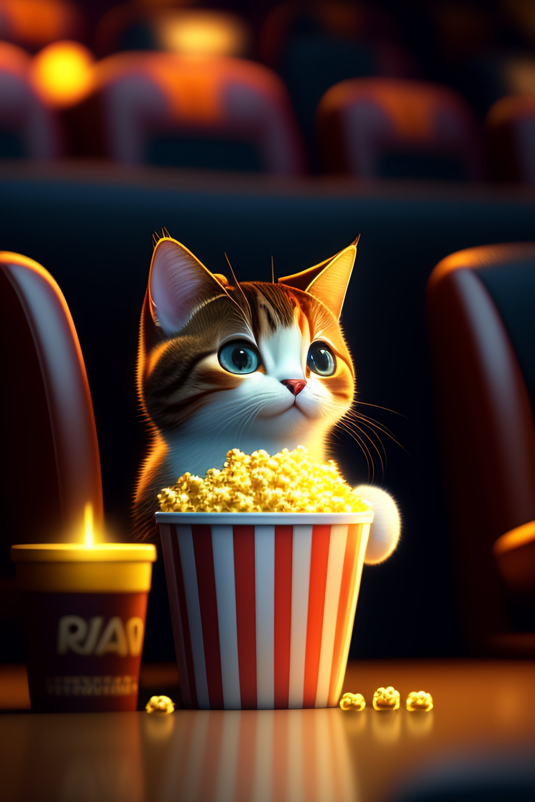 Lexica - Cute small humanoid cat sitting in a movie theater eating ...