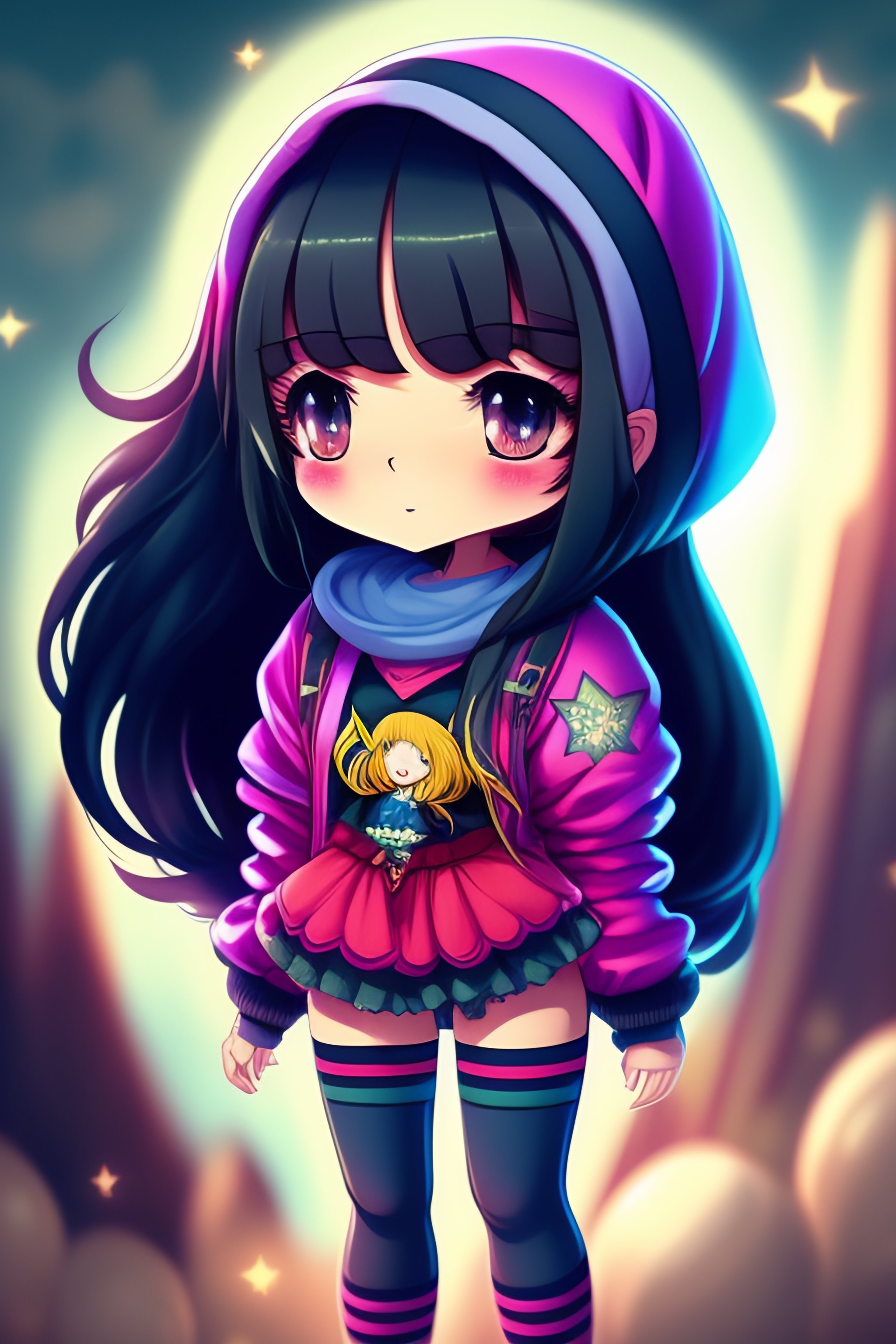 Lexica - Chibi girl fairy with long hair wearing oversized hoodie and thigh socks,