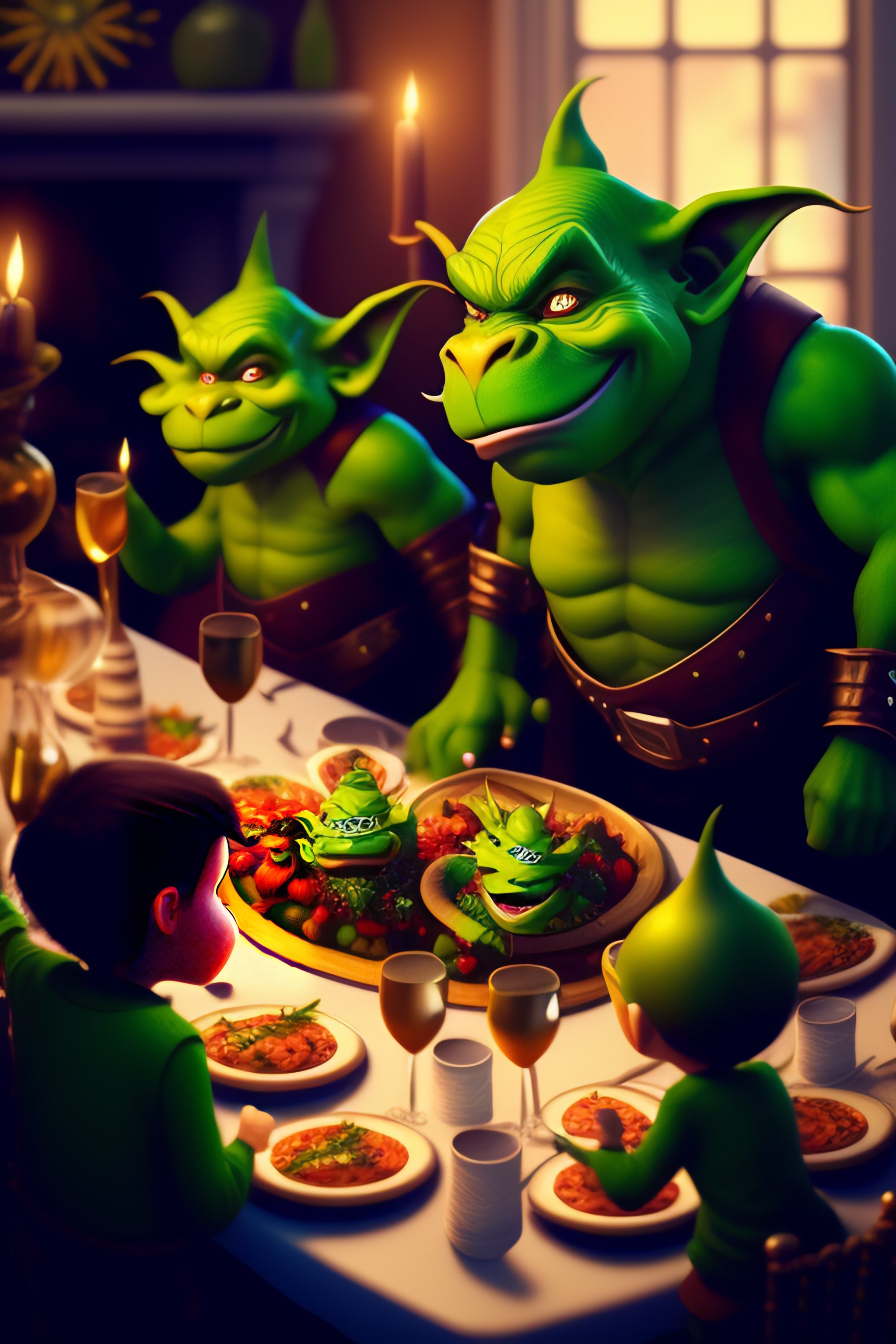 Lexica - A family of ten green goblins having dinner on a long table at ...