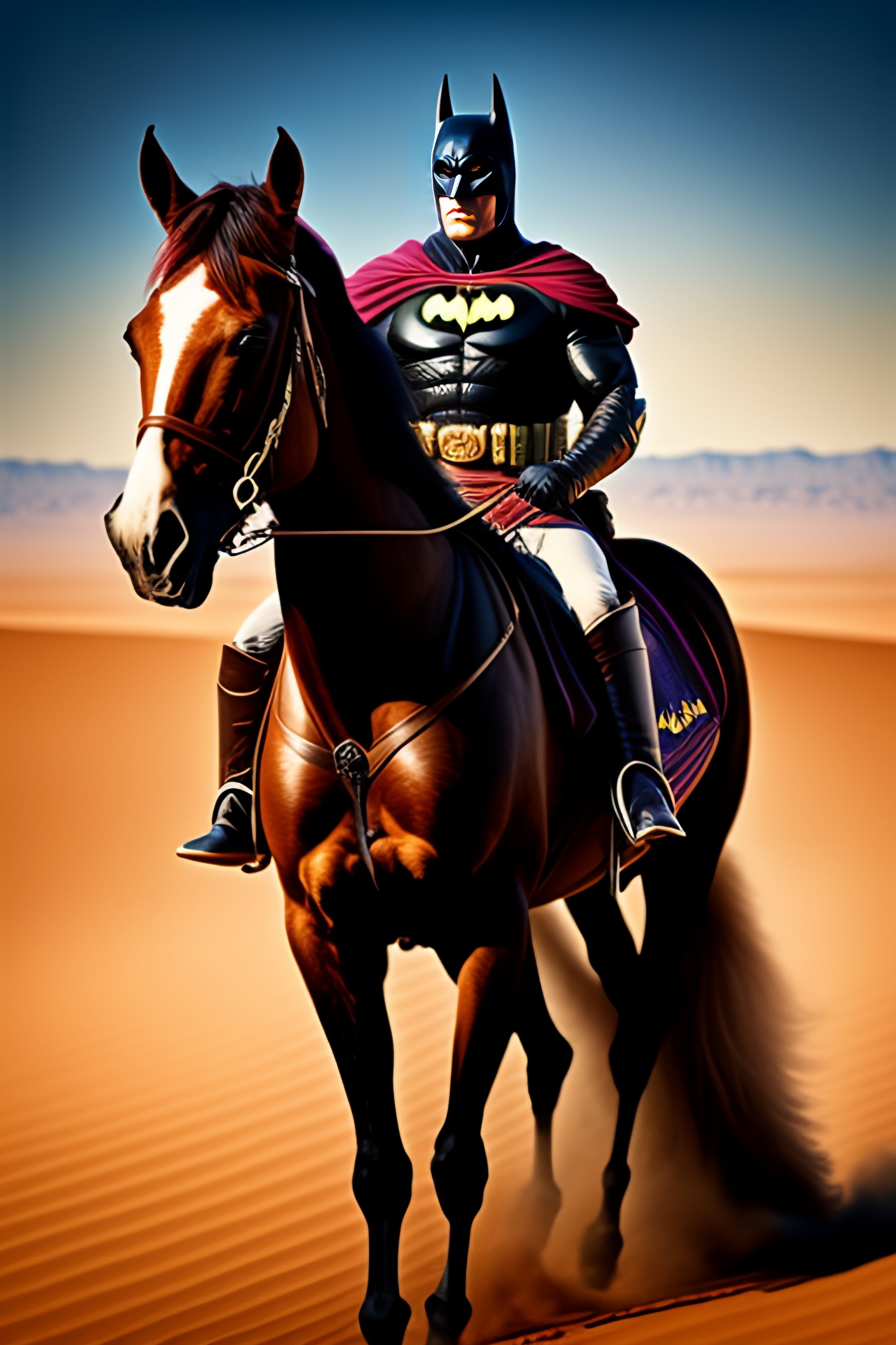 Lexica - Batman riding a horse in the desert