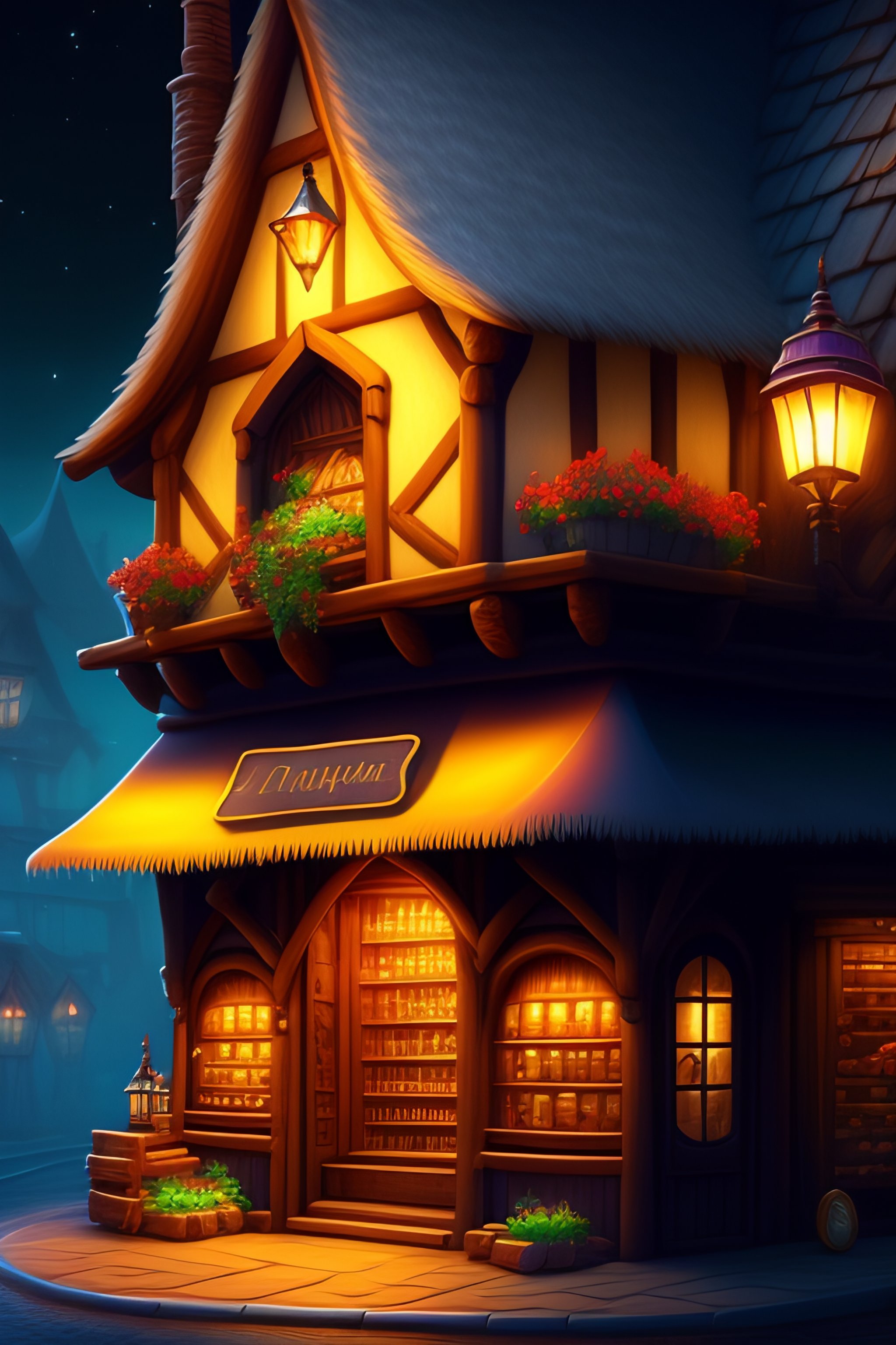 Lexica - Front shop, potion shop, shop, in the town, night time ...