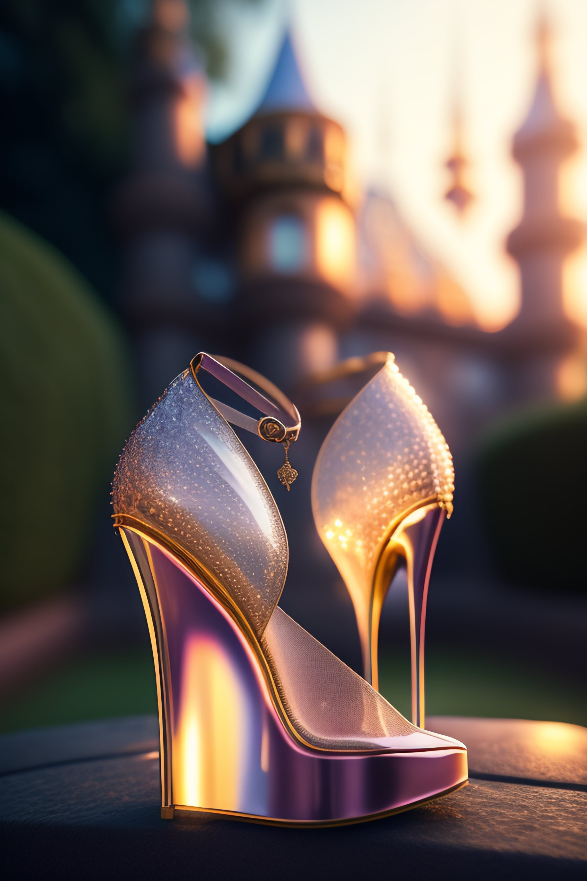 Lexica - Shiny clear high heel shoe in front of a castle, fantasy, 8k ...