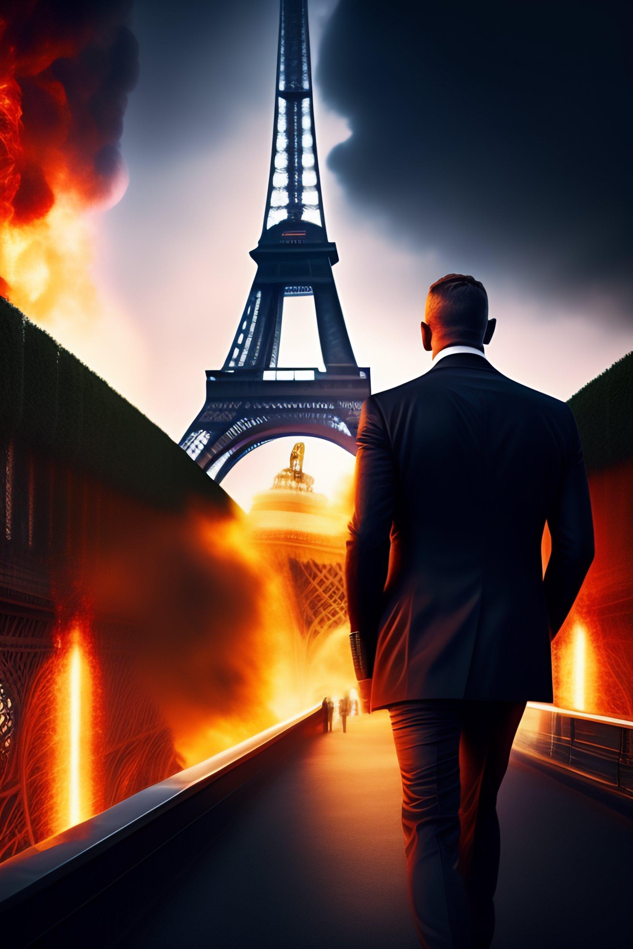 Lexica - James Bond, Daniel Craig walking away from exploding Eiffel tower toward the camera ...