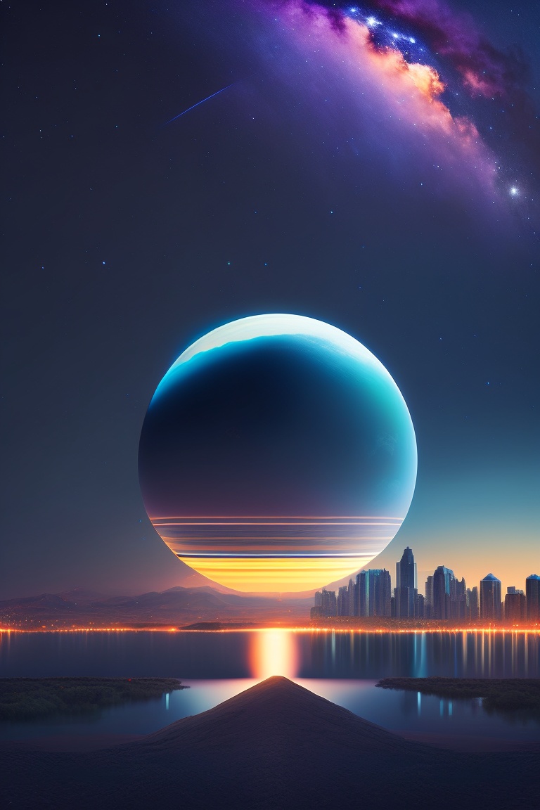 Lexica - Realistic photo future style, night city view, planet Saturn ...