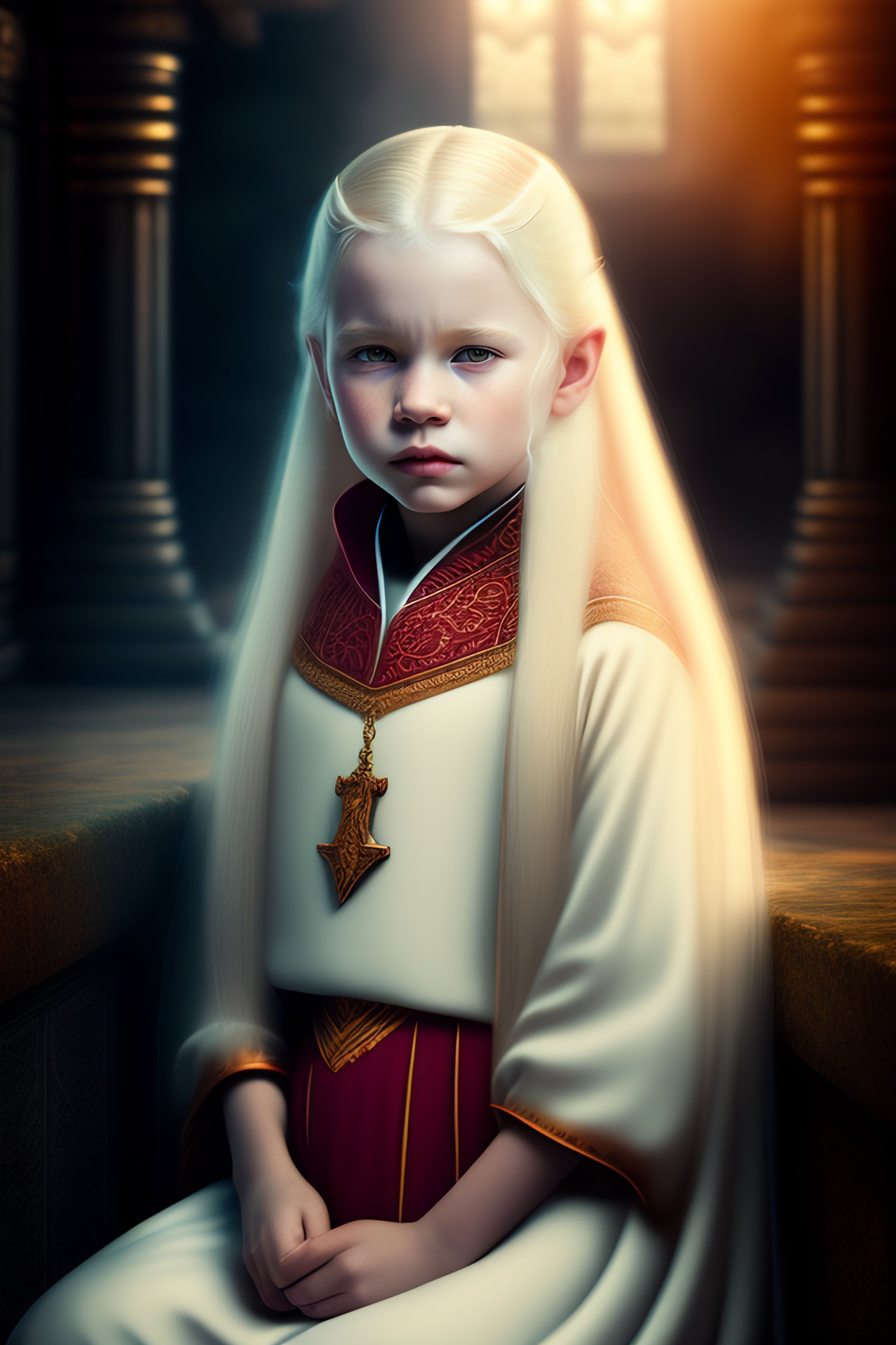 Lexica - Sad looking albino vampire female child in a temple sitting on ...
