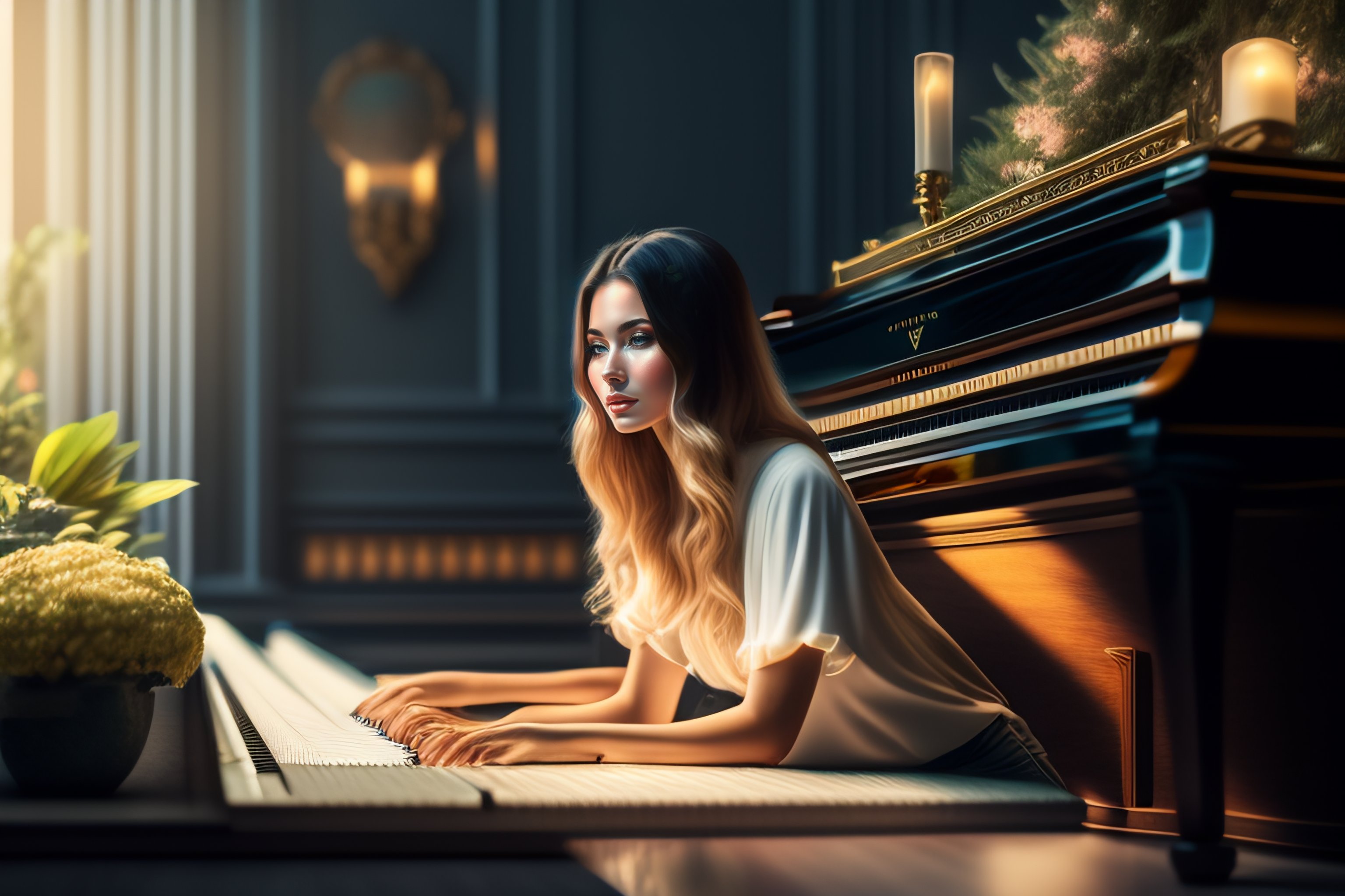 Lexica - The most beautiful elegant woman playing piano, wearing jeans ...