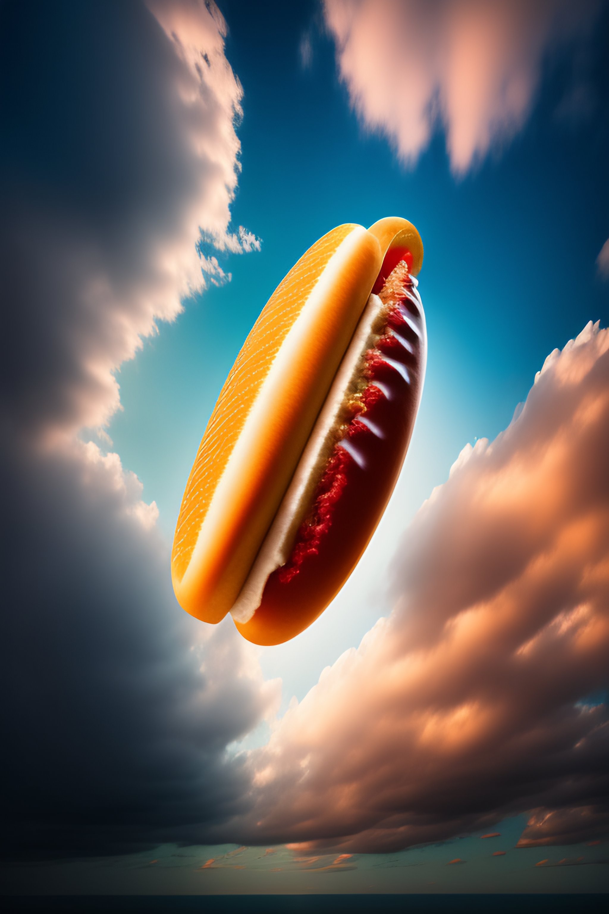 Lexica - Giant hot dog flying in the sky of a city::realistic photo::3d