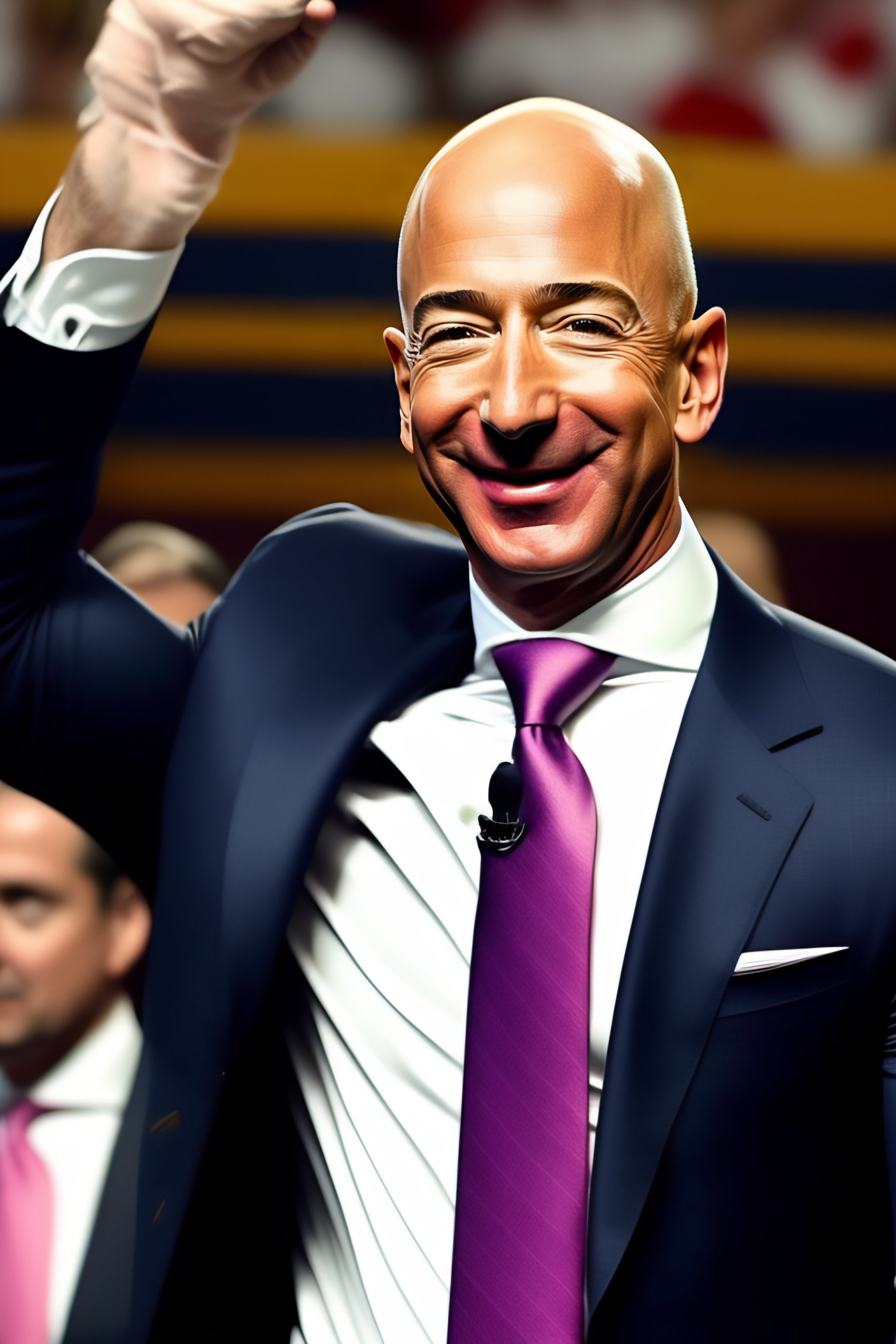 Lexica - Jeff bezos celebrating a win, wearing a suit, hands up with ...