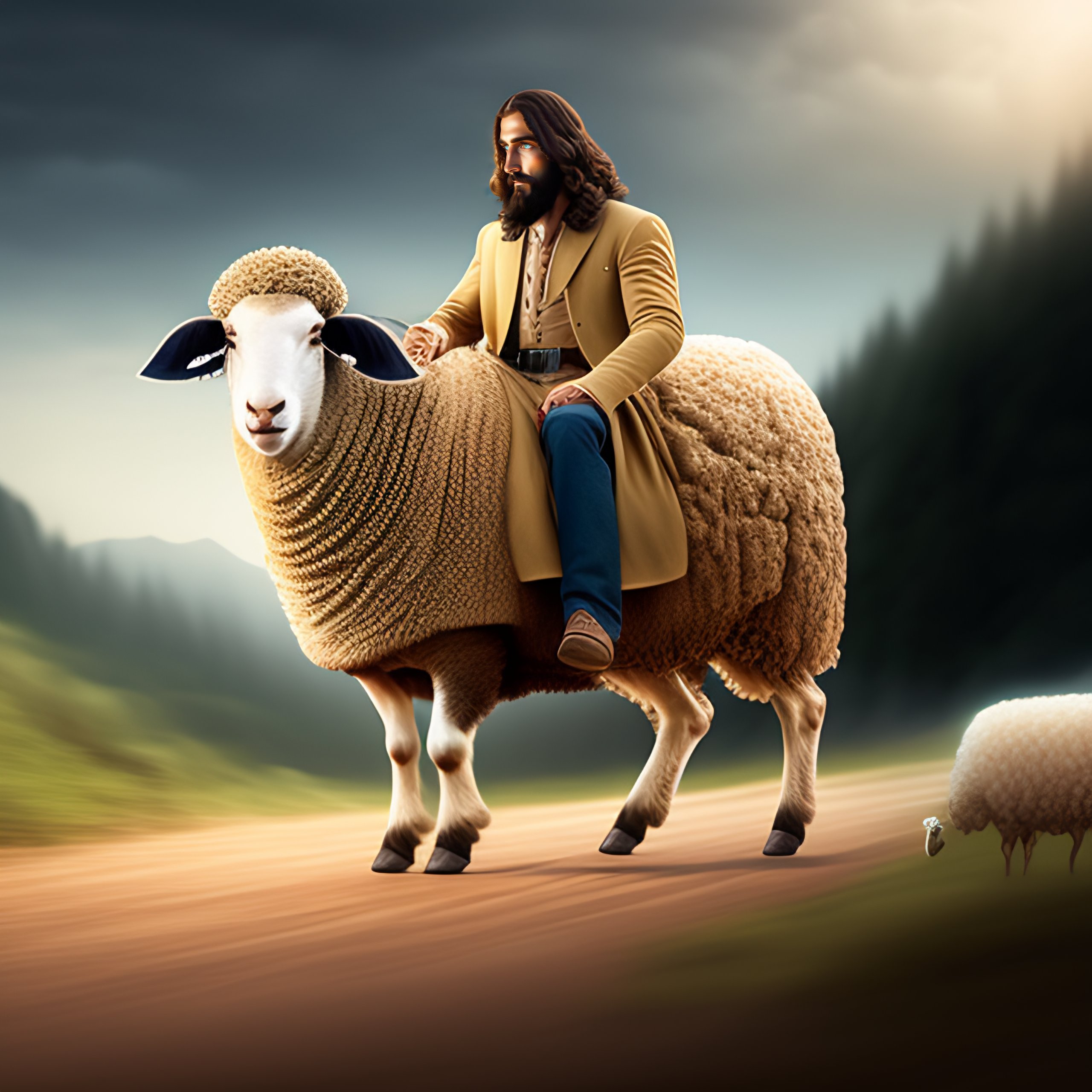 Lexica - Jesus christ riding a racing bike with a sheep, 4k, realistic