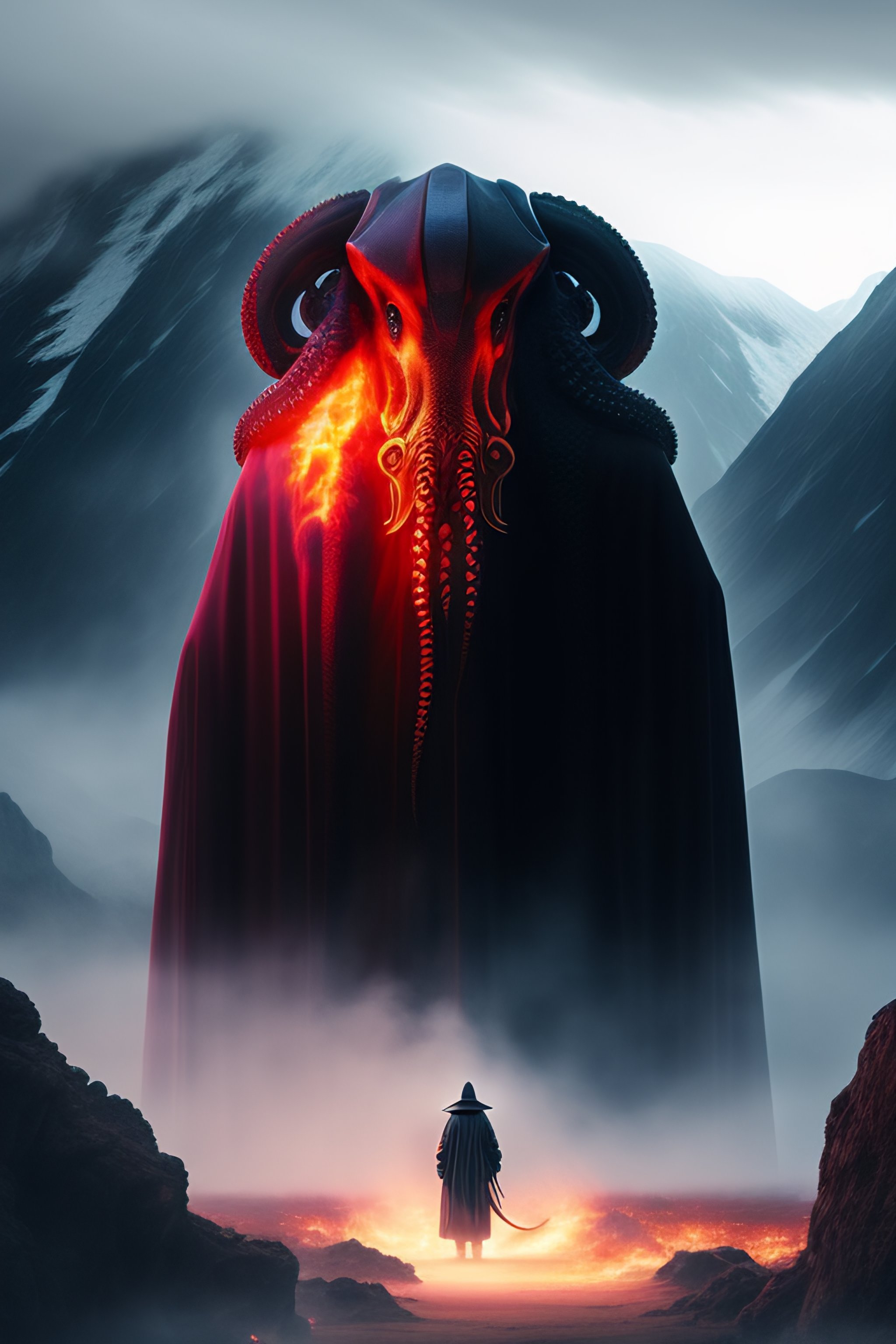 Lexica - In a vast landscape behind cloudy mountains a colossal and ...