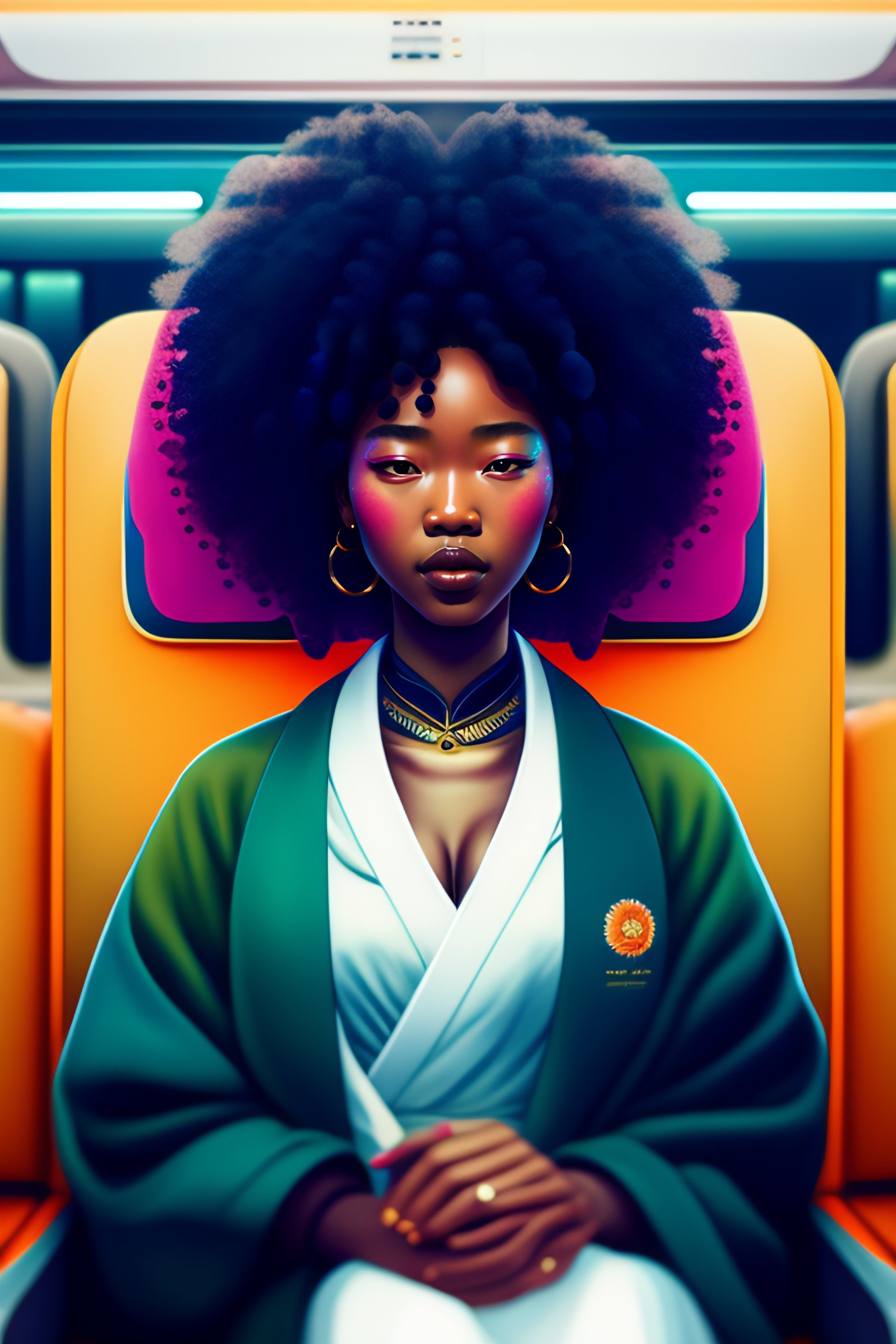 Lexica - Beautiful korean-african woman with afro hair sitting in first ...