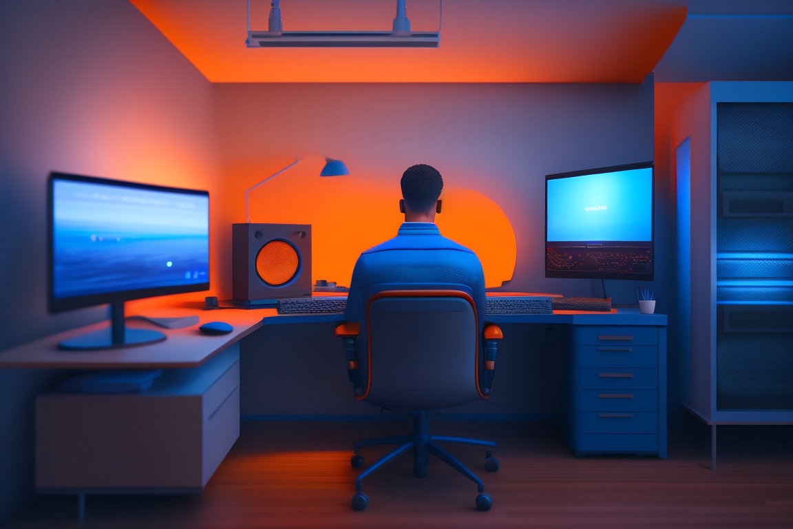 Lexica - A man sitting in a chair in front of a editing computer setup ...