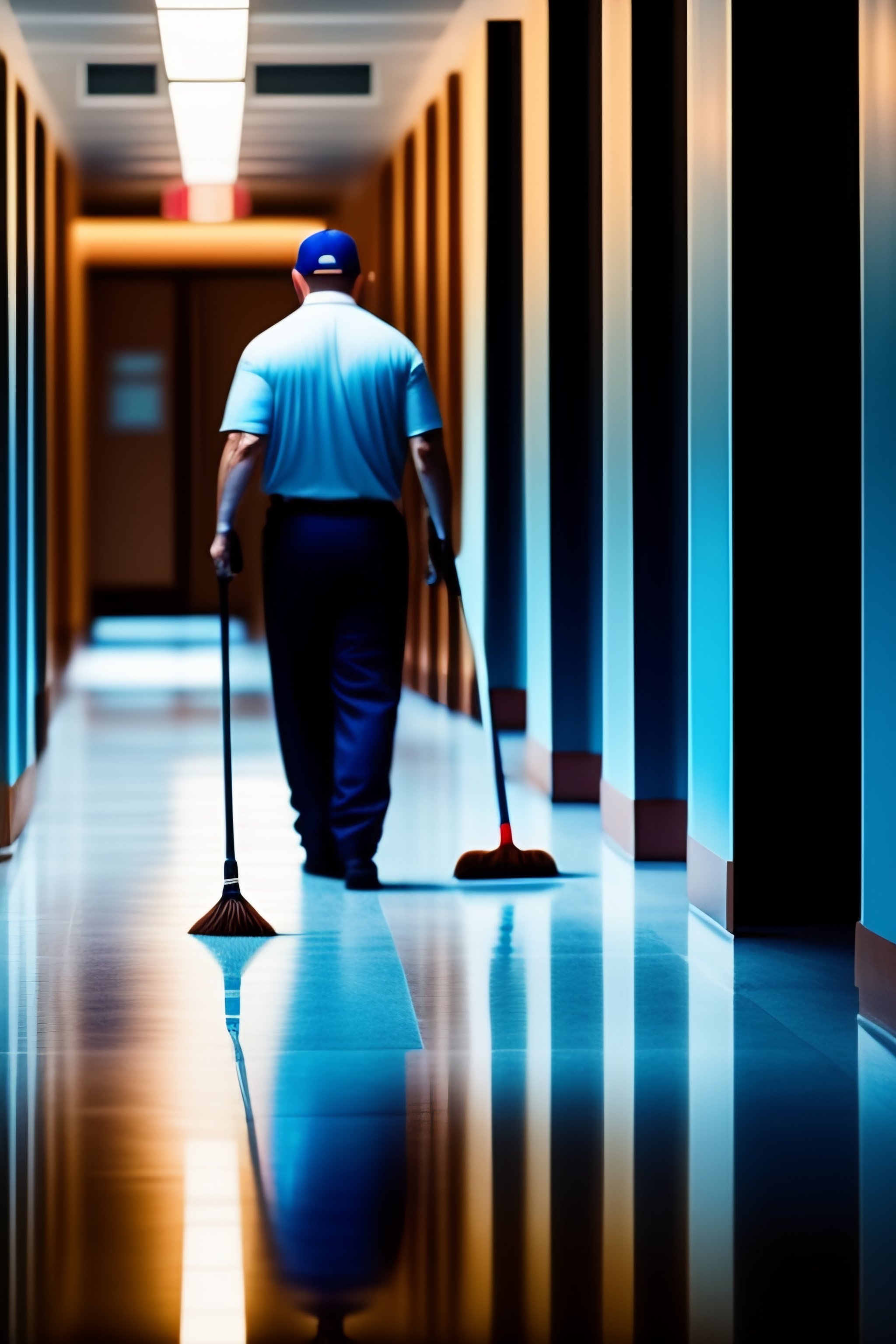 Lexica - White male janitor mopping school hallway floor, thick build ...