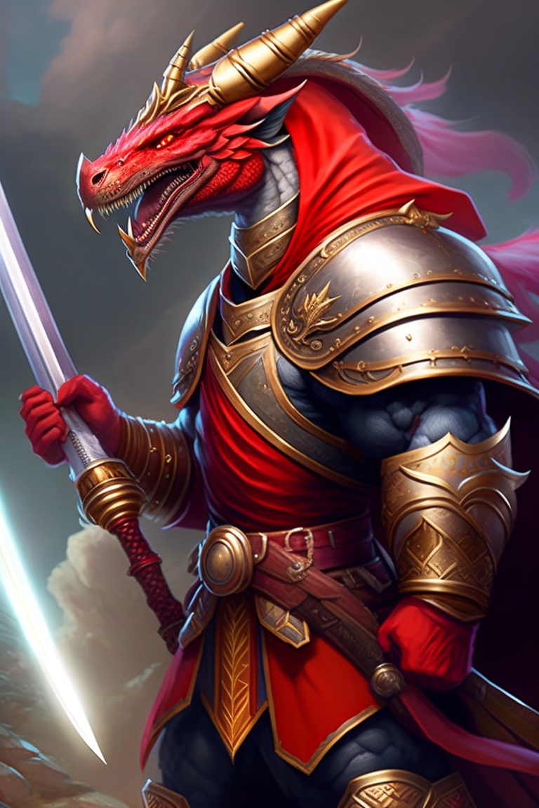 Lexica - D&D champ. dragonborn red dragon, paladin with a sword