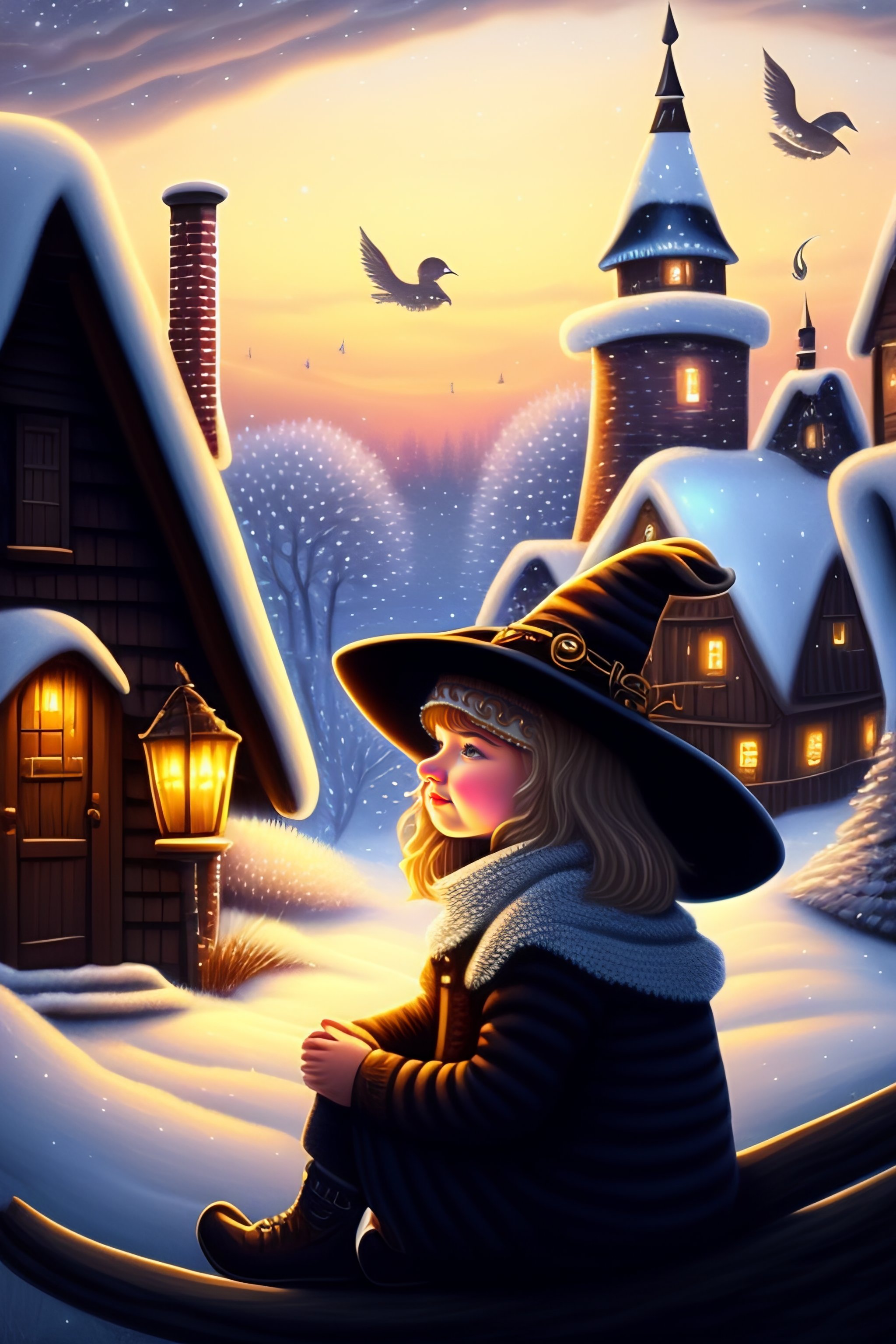 Lexica - A little tired witch in a hat sitting on a broomstick and ...