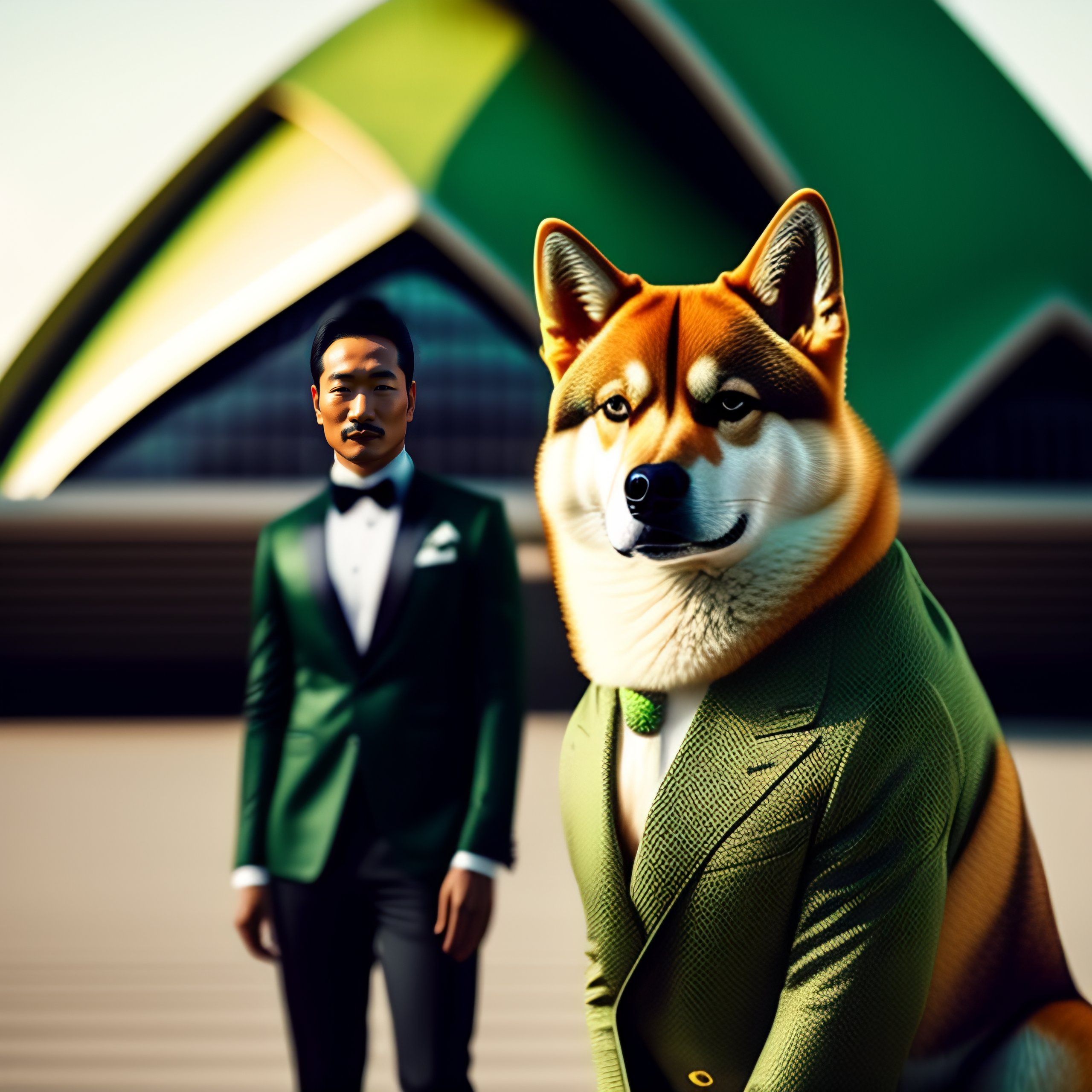Lexica - Medium Shot of a standing shiba inu dressed in a fancy green ...