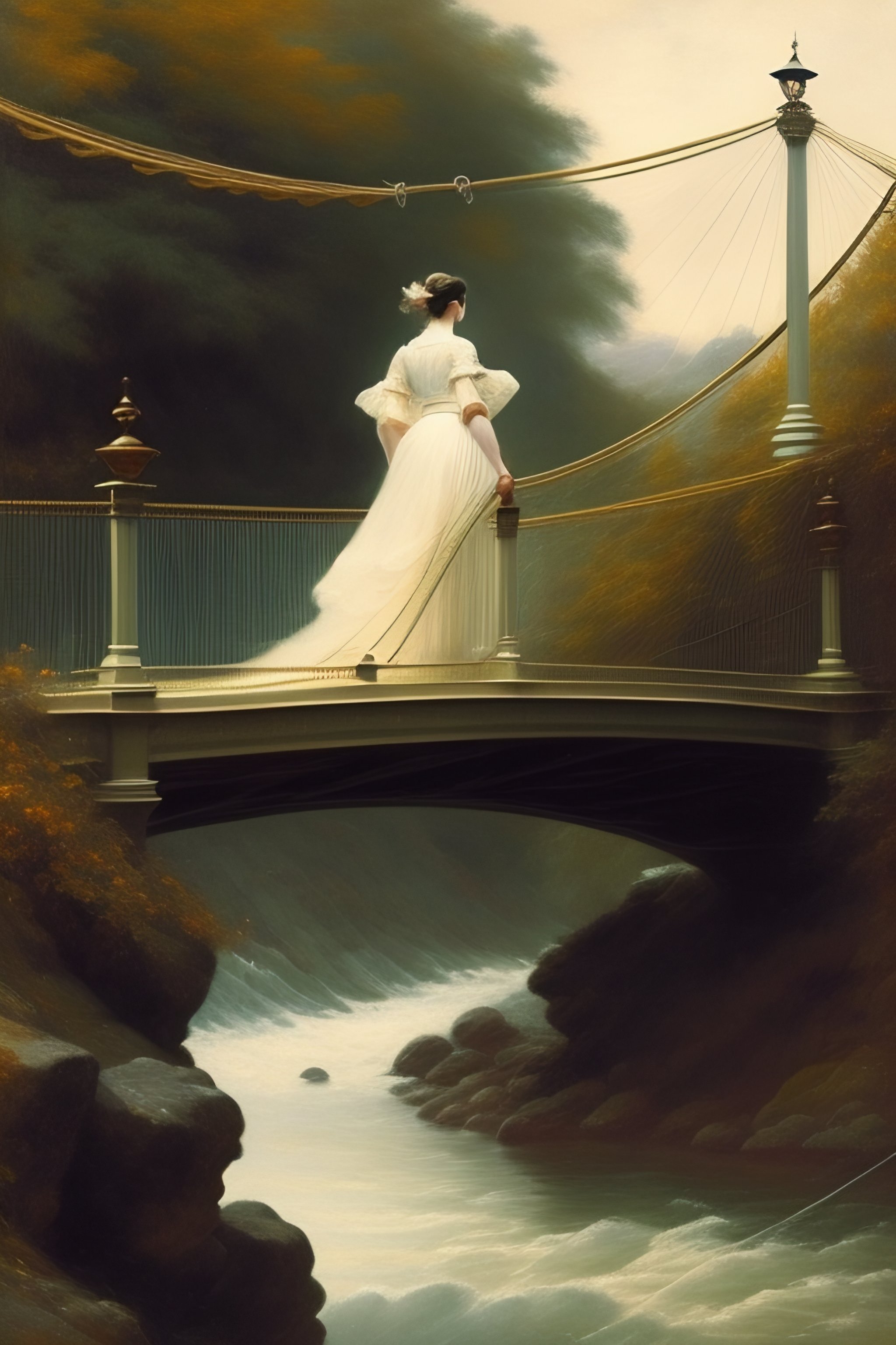 Lexica - Woman traversing a suspension bridge by alfred stevens
