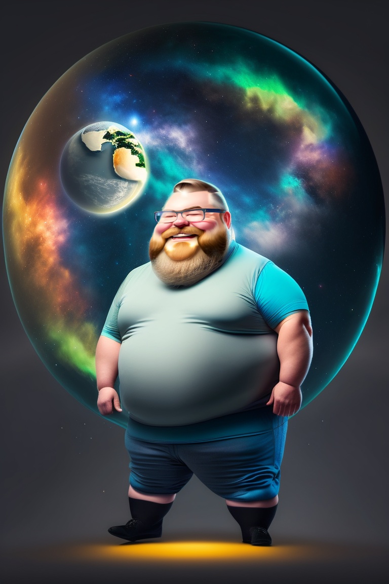 Lexica - Big fat funny looking man, in background universe with our planet