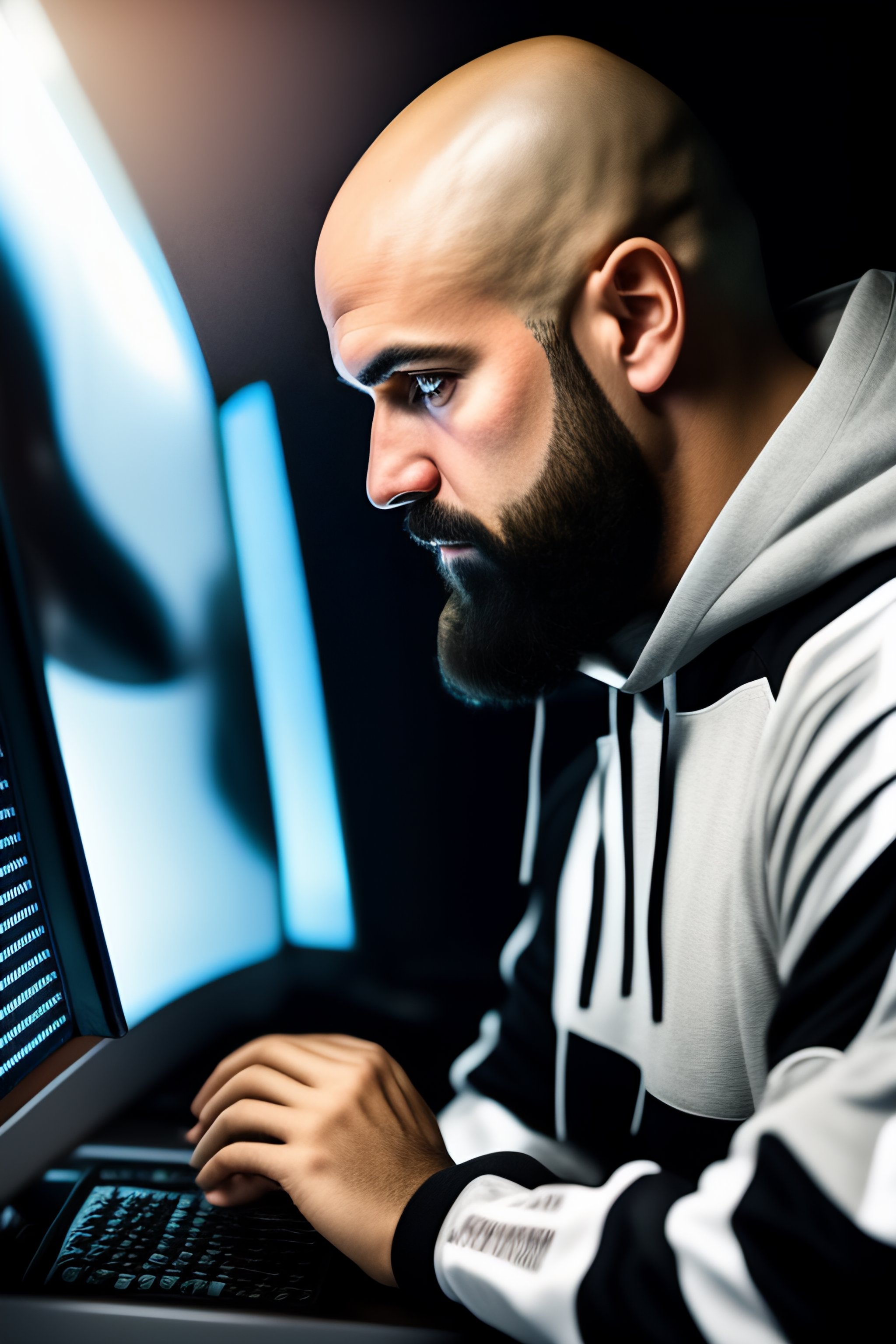 Lexica - A bald bearded tech support guy wearing a black adidas hoody ...