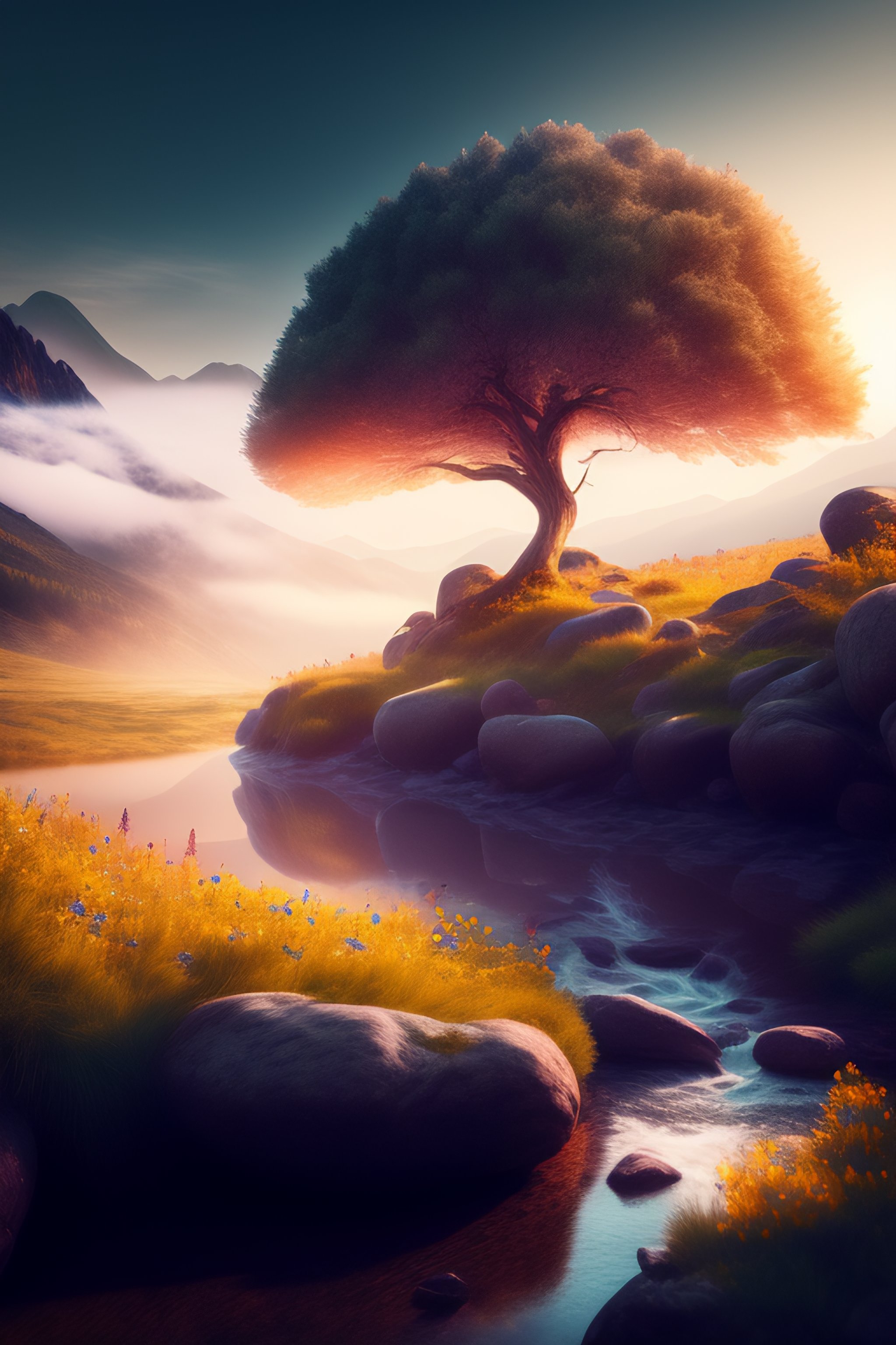 Lexica - A beautiful magical tree growing on top of a boulder beside a ...