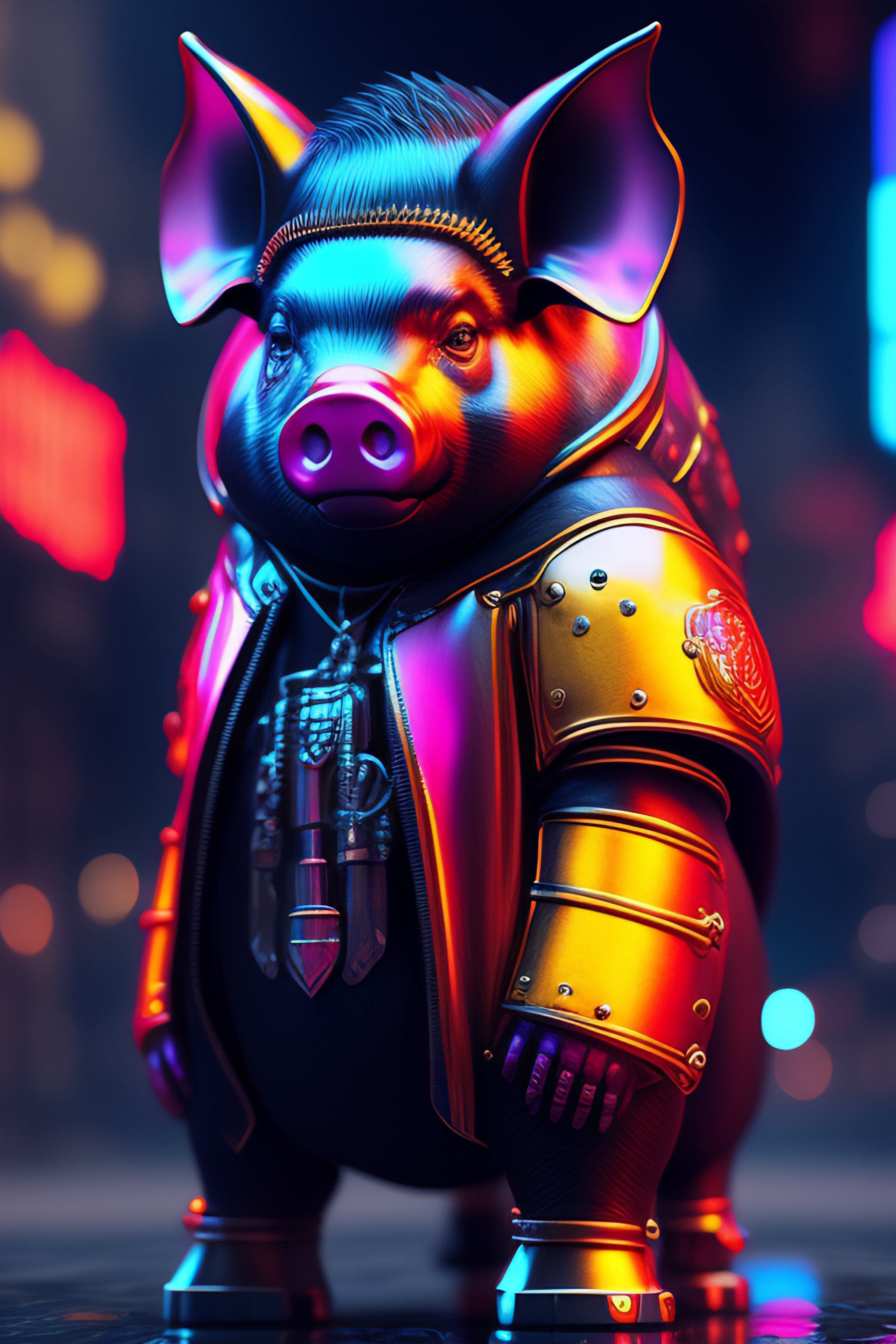 Lexica - Cyberpunk pig, with a sword, wetlook, abstract black oil, gear ...