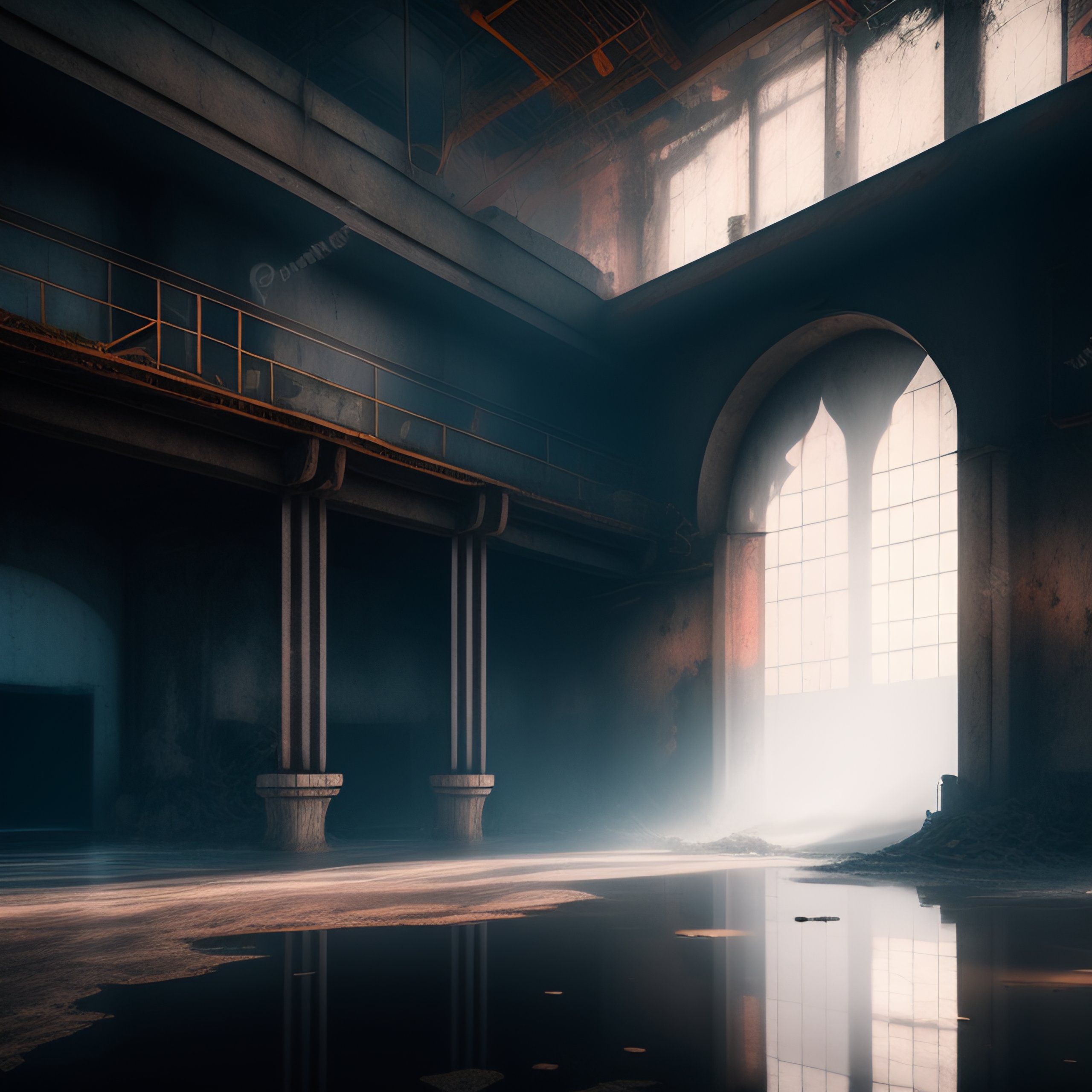 Lexica - Interior abandoned factory with broken statues and scl, water ...