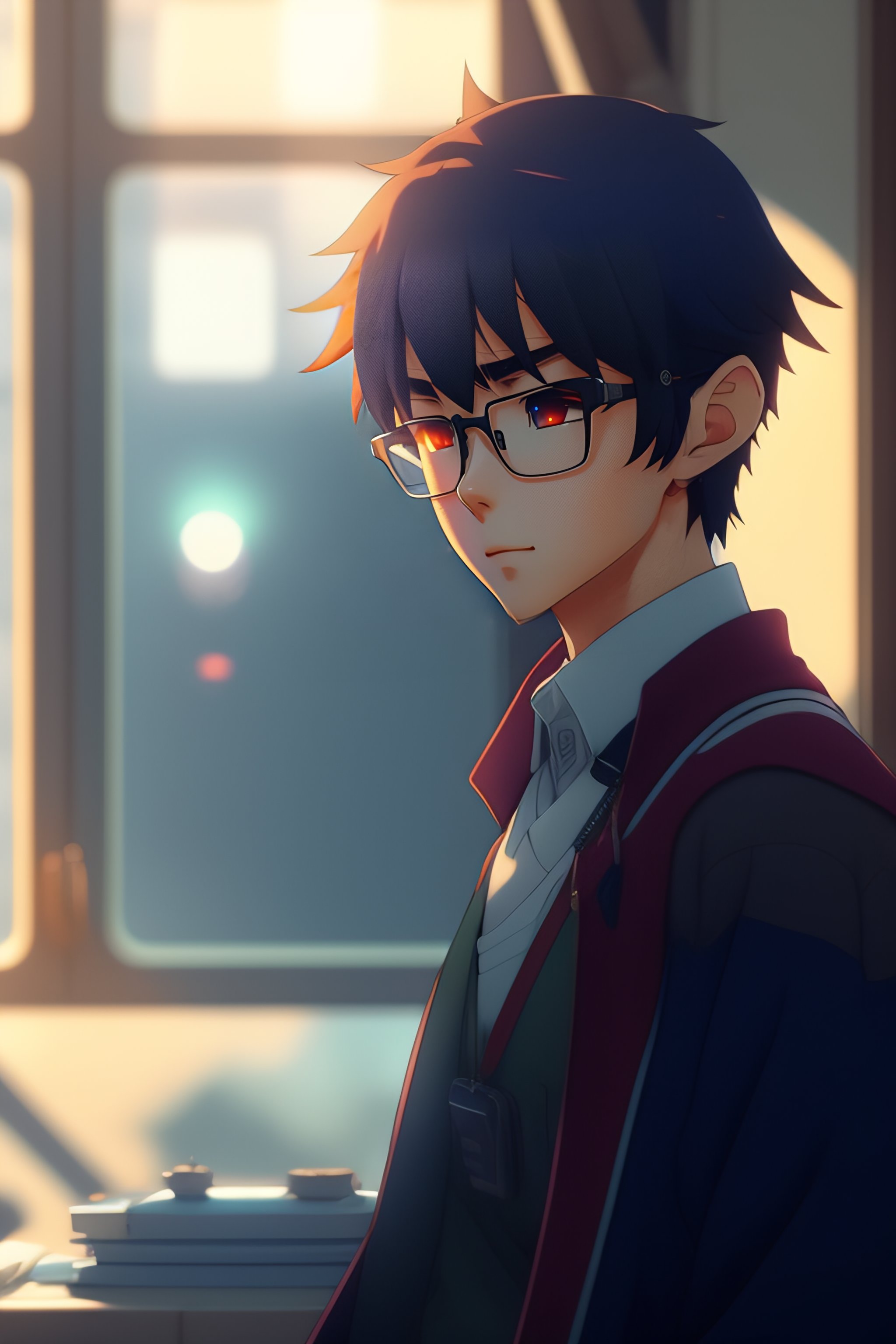 Lexica - A nerdy anime boy is on the phone in a room full of gadgets ...