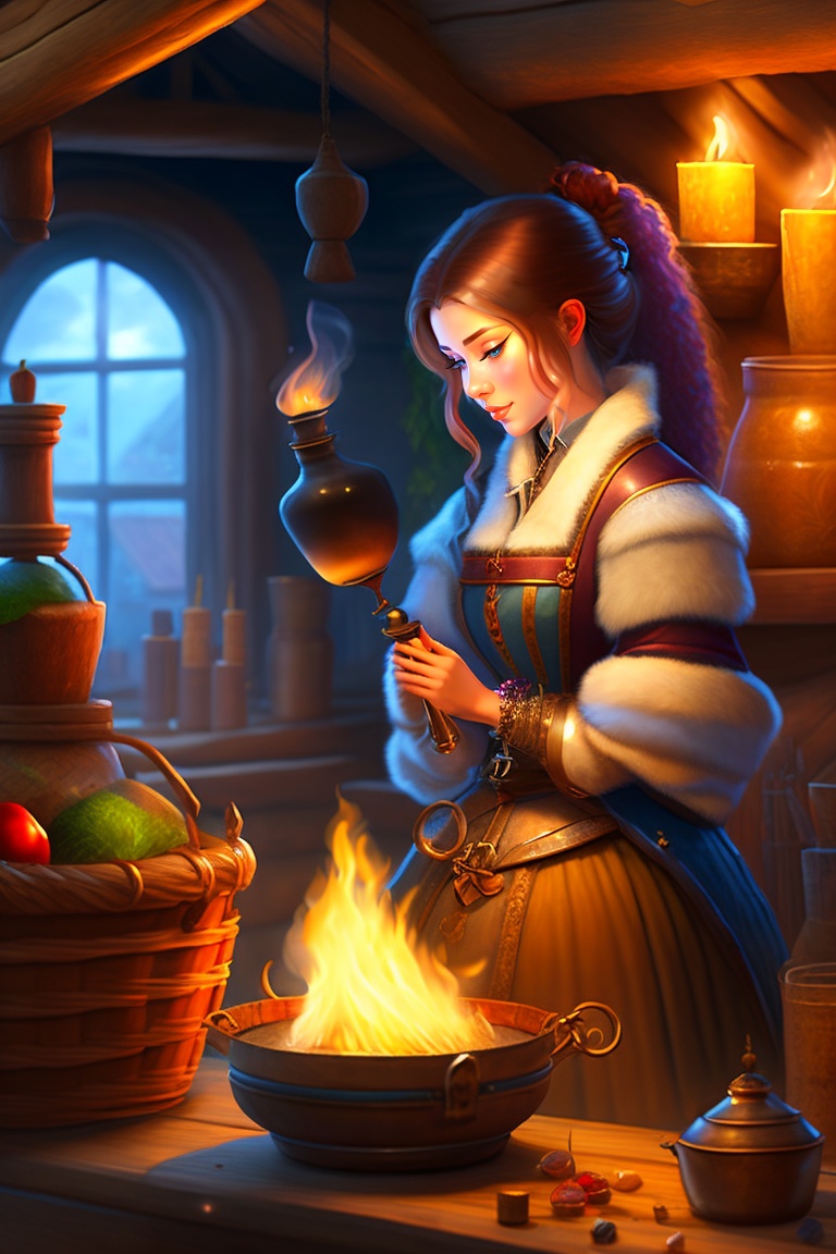 Lexica - Beautiful female alchemist in a thatched cottage preparing a ...