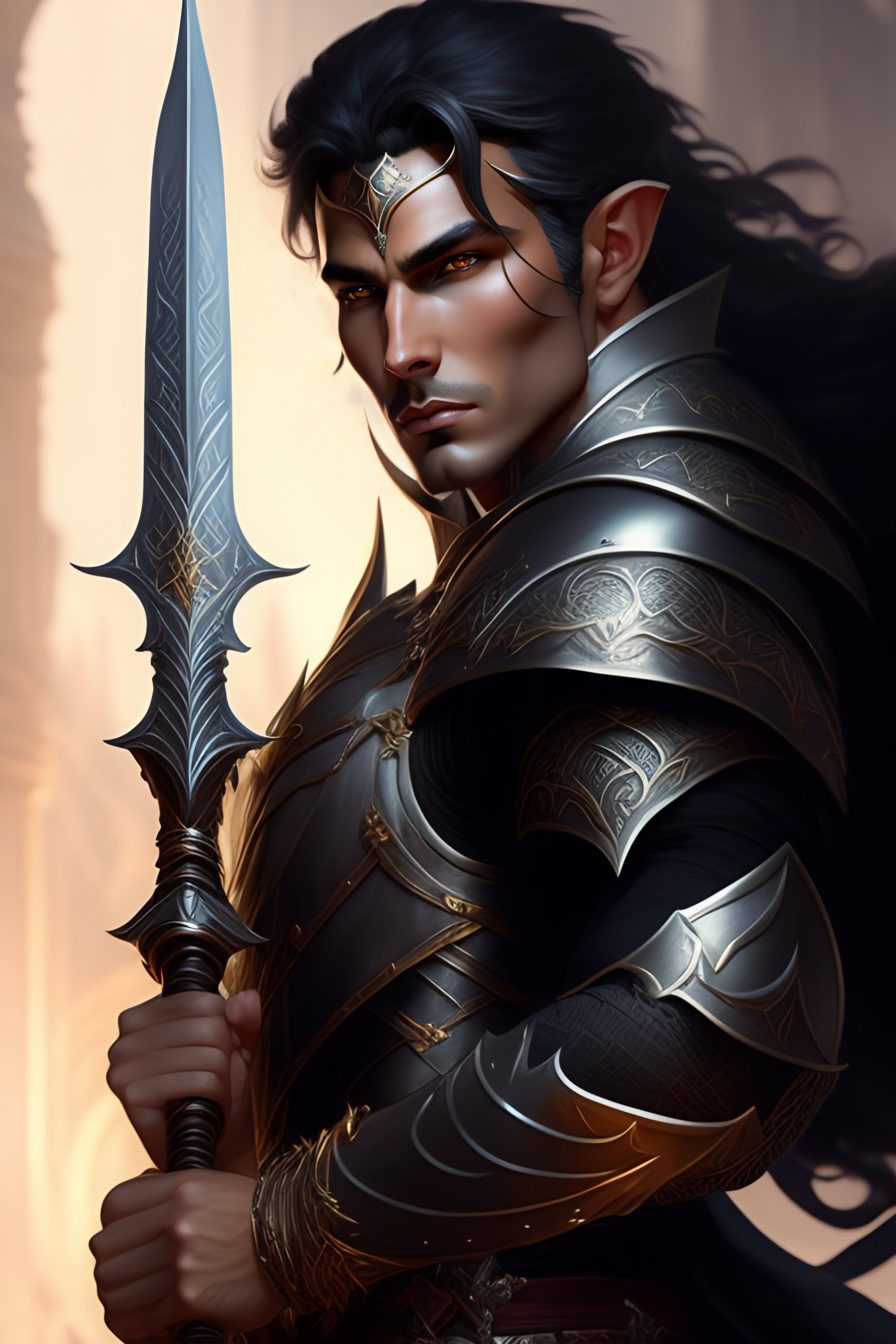 Lexica - Male elf paladin in magical black armor holding sword, posing ...