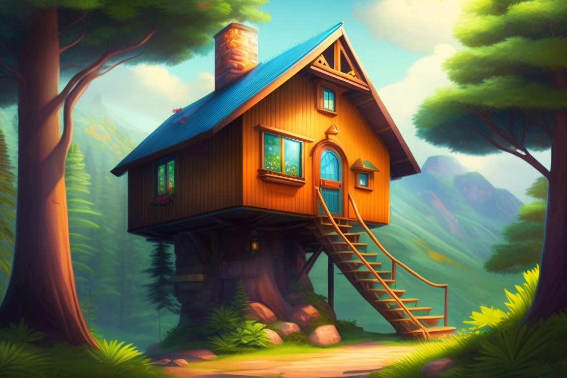 Lexica - Treetop house located in a forest, vivid cartoon image
