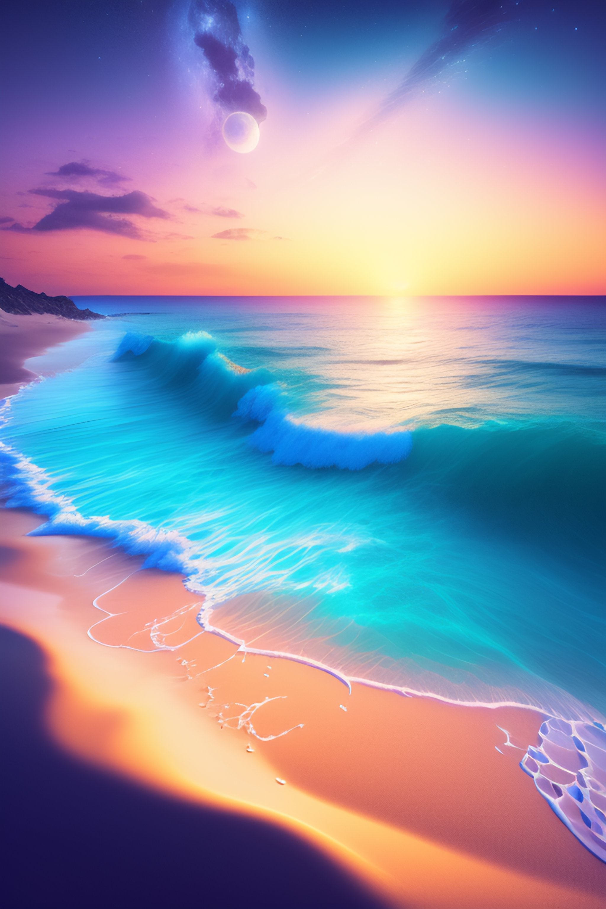 Lexica - Harmony of cyan glowing ocean, white sand beach, giant ...