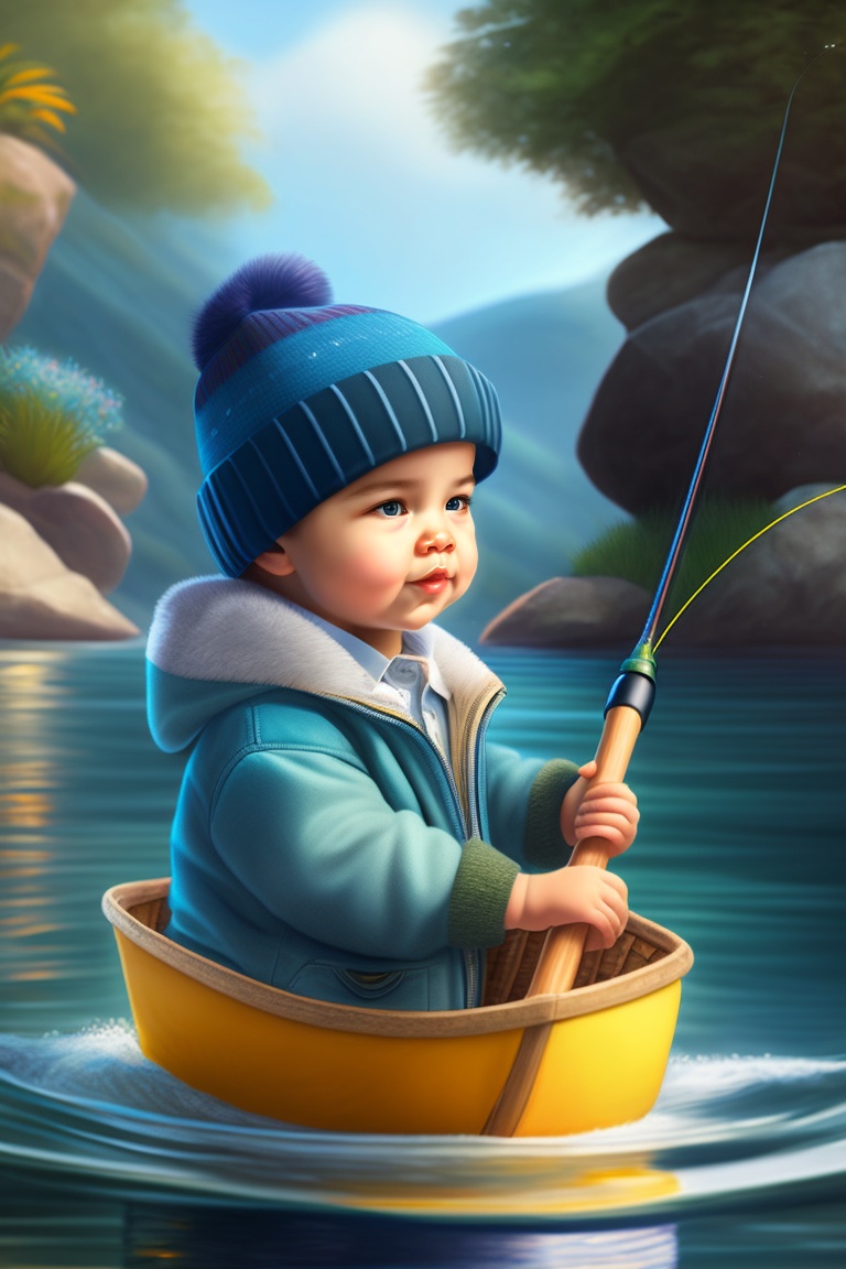 Lexica - Draw a poor boy fishing with rod so far only on fish he got in a basket kept near him ...